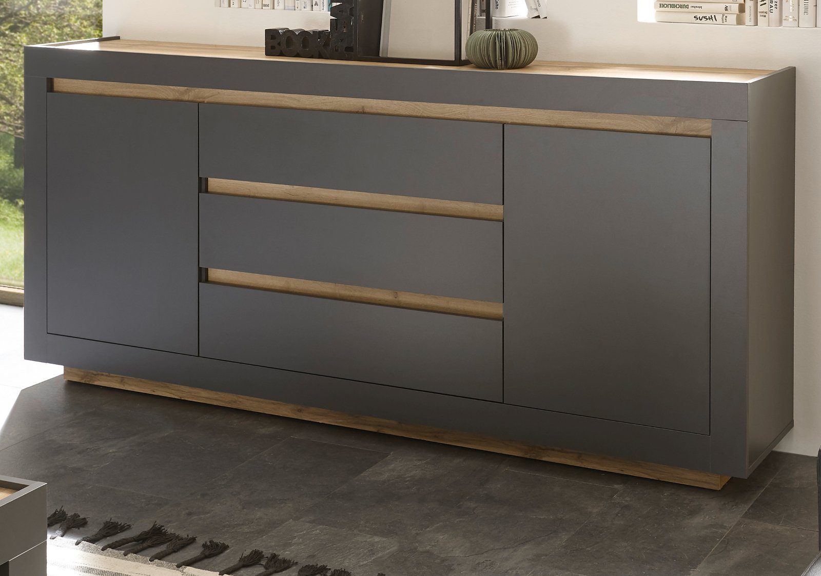 Furn.Design Sideboard Rooky (Kommode dunkelgrau Anthrazit mit Eiche Wotan, 200 x 91 cm), 3 ...