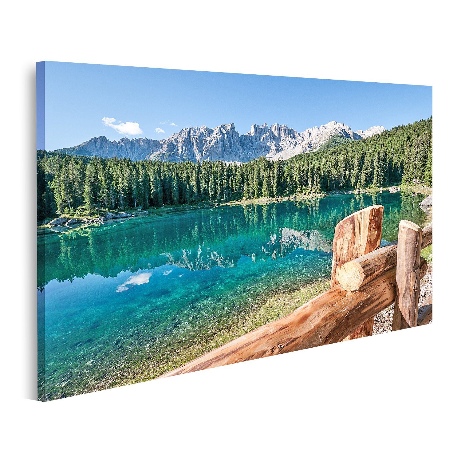 islandburner Leinwandbild Bild auf Leinwand Karerlake in Italien Im Hintergrund die Dolomiten Wa