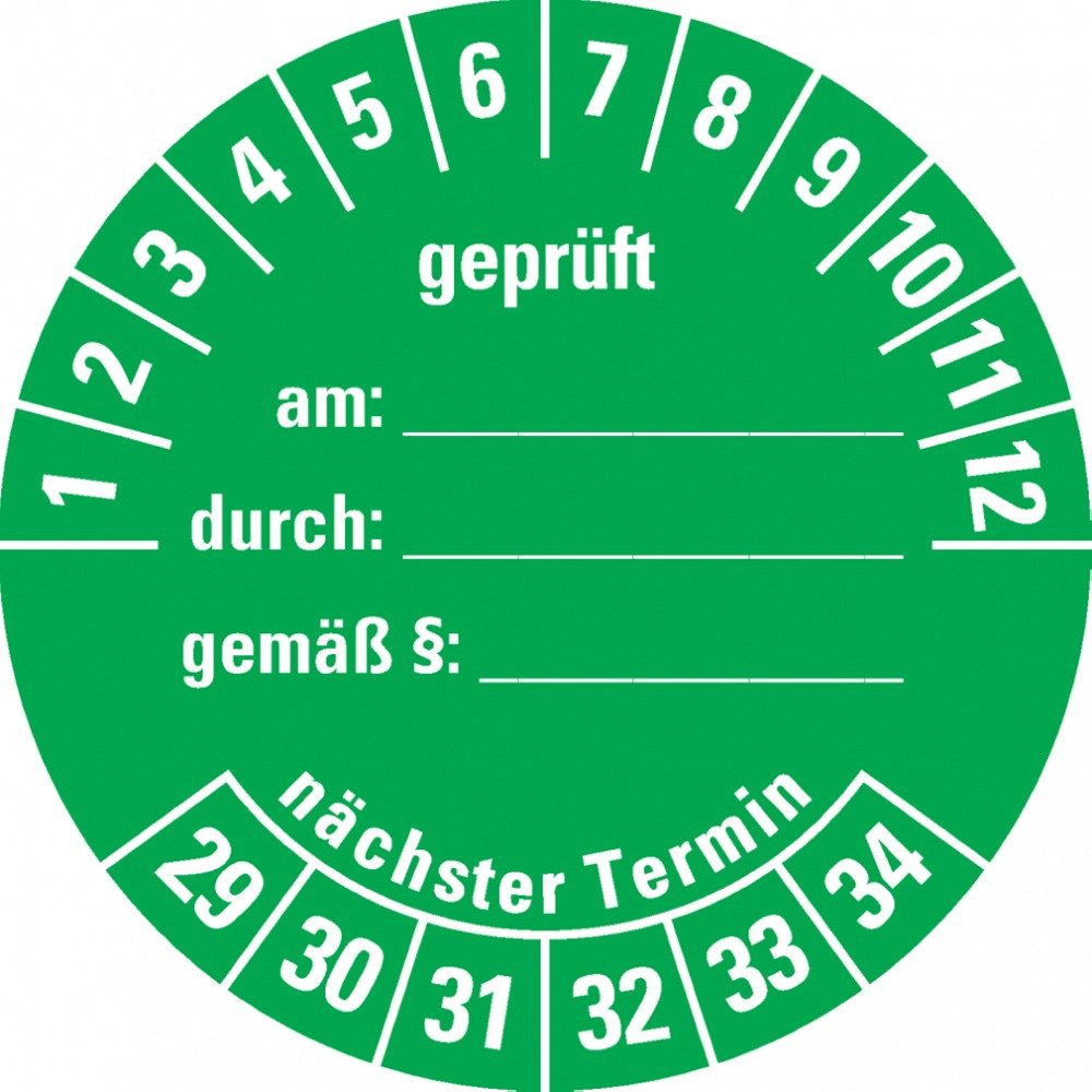 Dreifke Hinweisschild Prüfplakette geprüft am: durch: ..29-34, grün, Dokumentenfolie, Ø 40mm ...