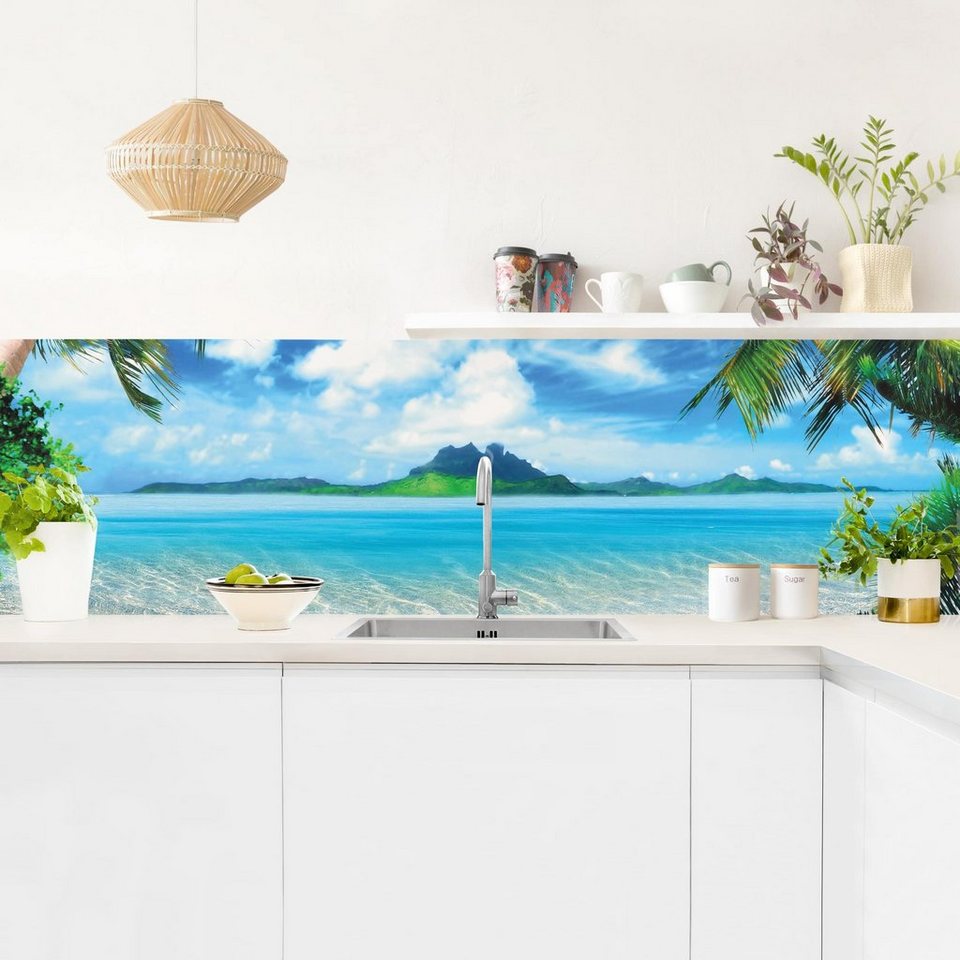 Bilderdepot24 Küchenrückwand Blau Dekor Botanik Tropisch Natur Strand
