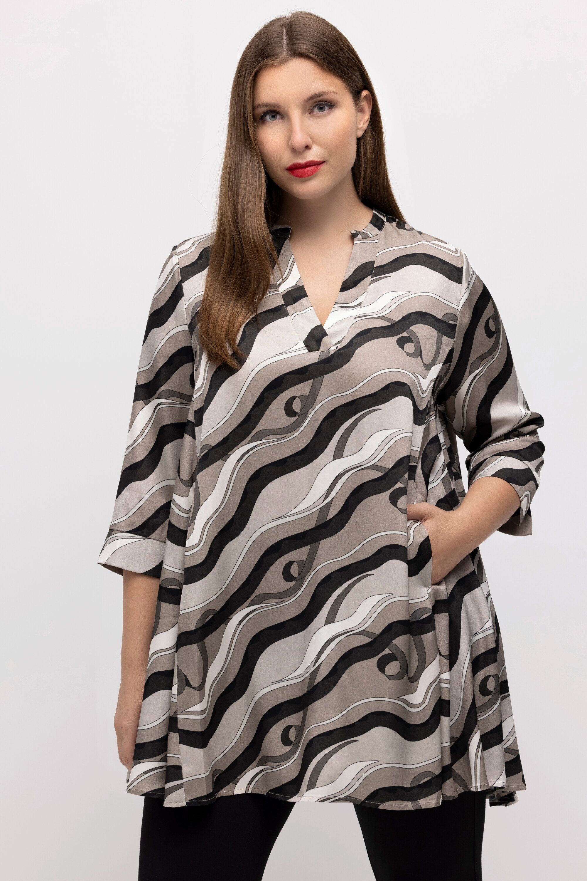 Ulla Popken Tunika Tunika Marmor-Design Godetfalten Stehkragen