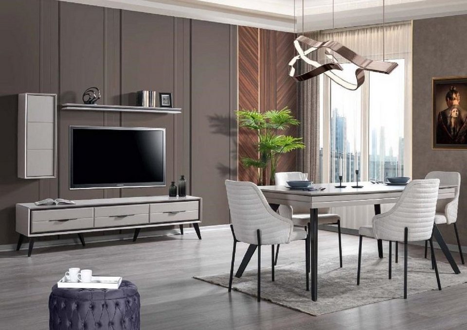 Jvmoebel Esszimmer Set Moderne Weiße Esszimmer Set Lowboard 6x Stühle