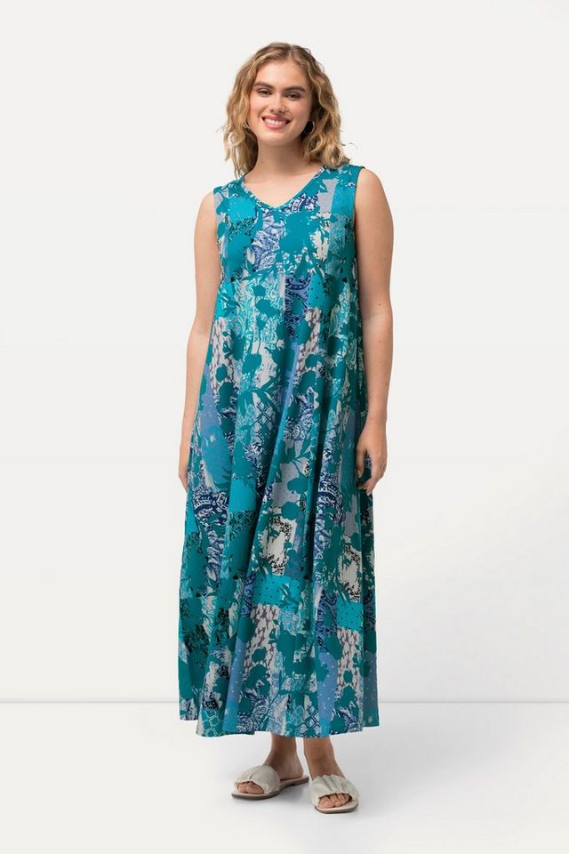 Ulla Popken Jerseykleid Jersey Maxikleid Patchdruck V Ausschnitt ärmellos