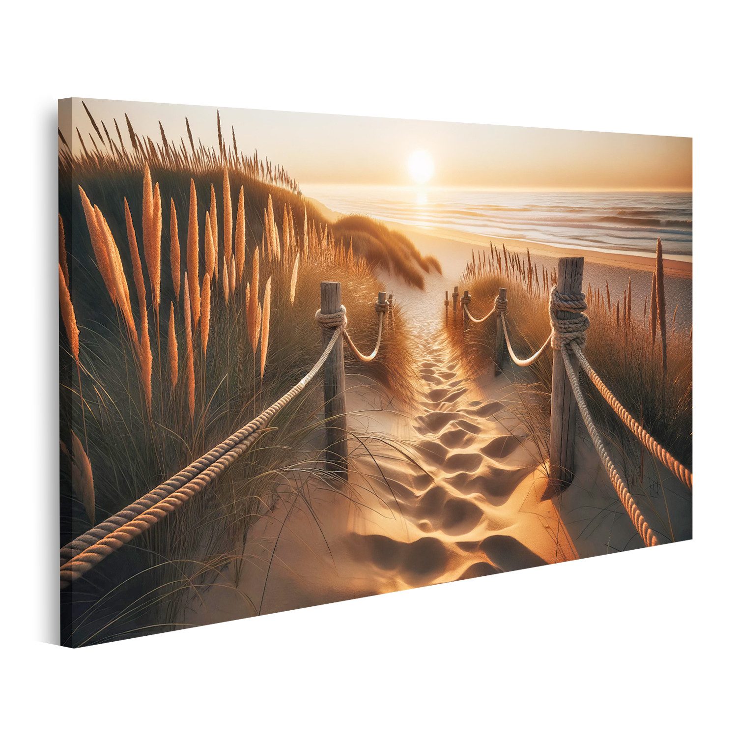 islandburner Leinwandbild Sandpfad zum Strand bei Sonnenuntergang