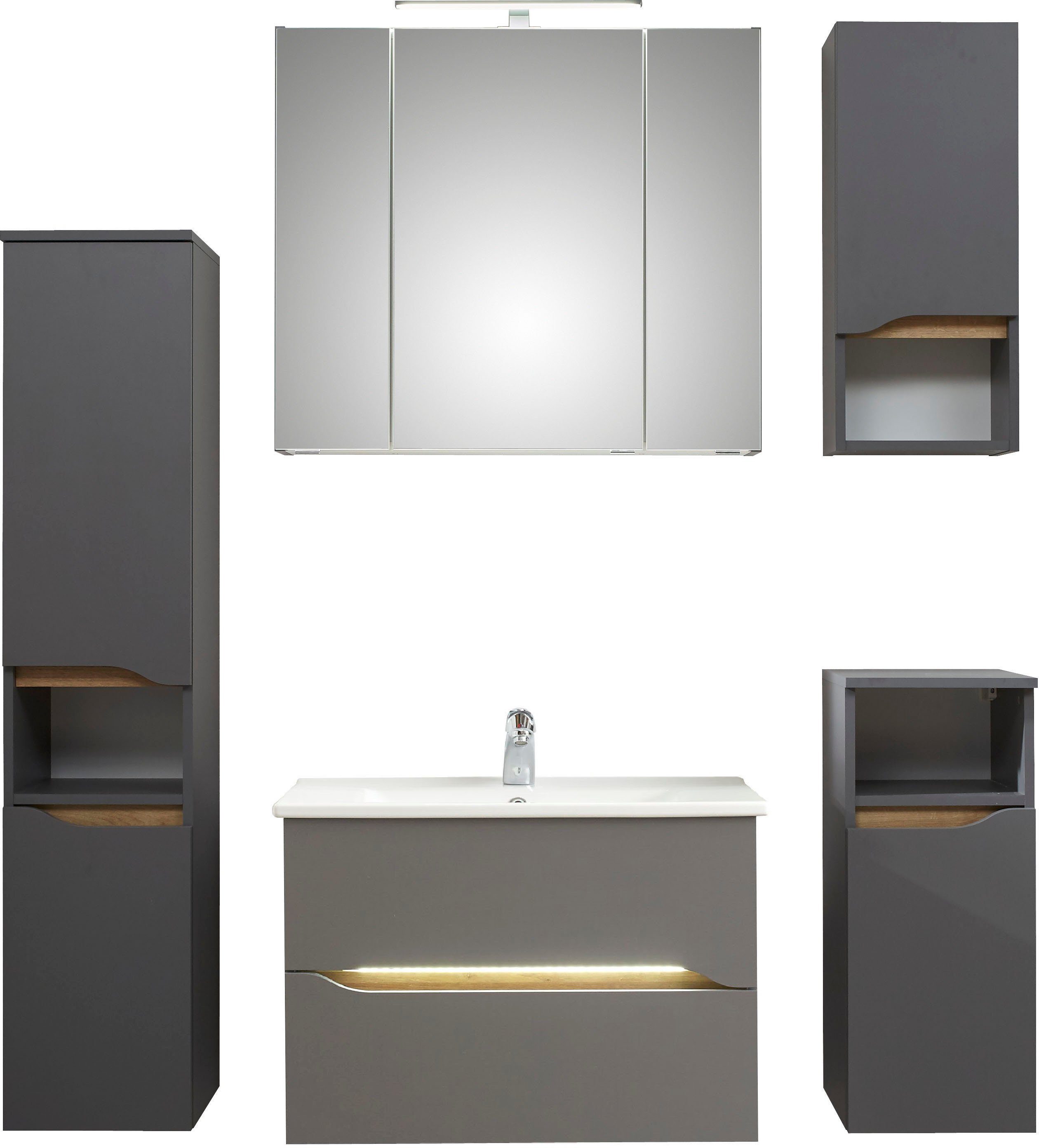 Saphir Badmöbel-Set Quickset 5-teilig, Keramik-Waschtisch und LED-Spiegelschrank, (7-St ...