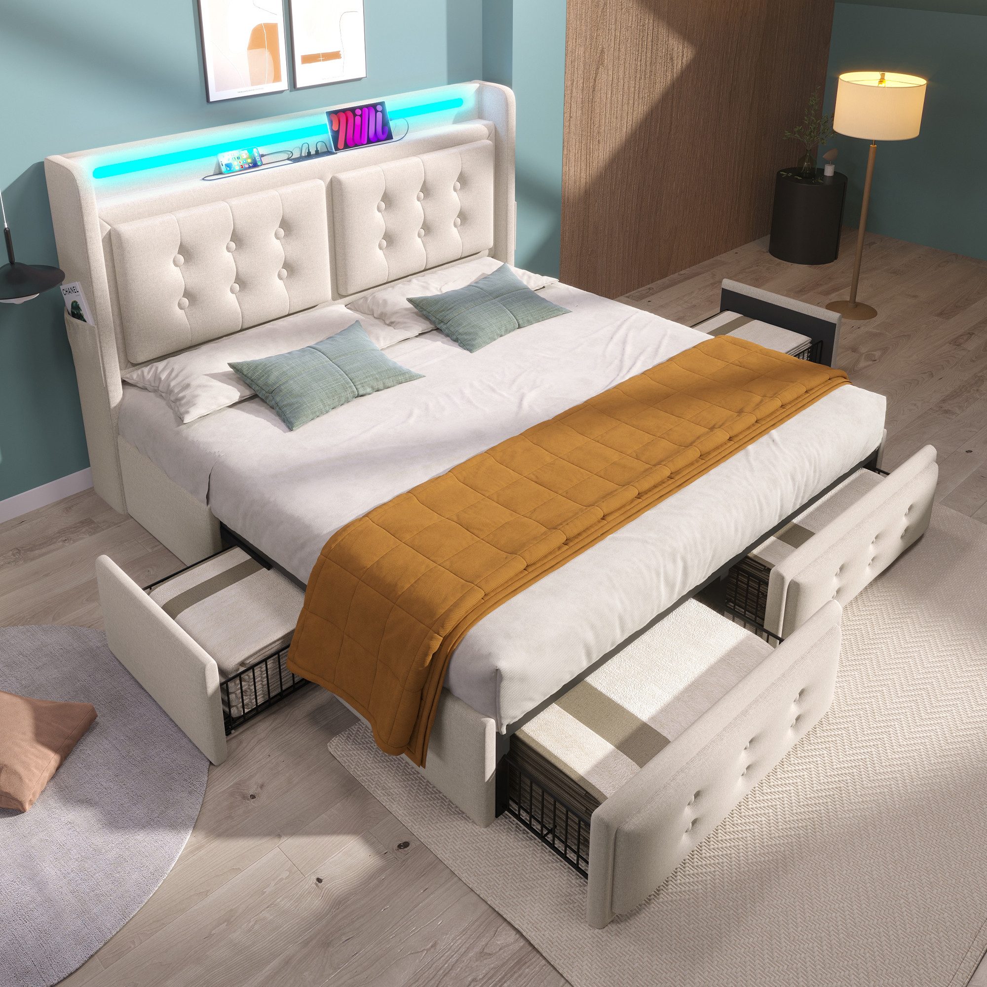 Stilvora Polsterbett 140x200 Doppelbett Stauraumbett Mit Led Kopfteil