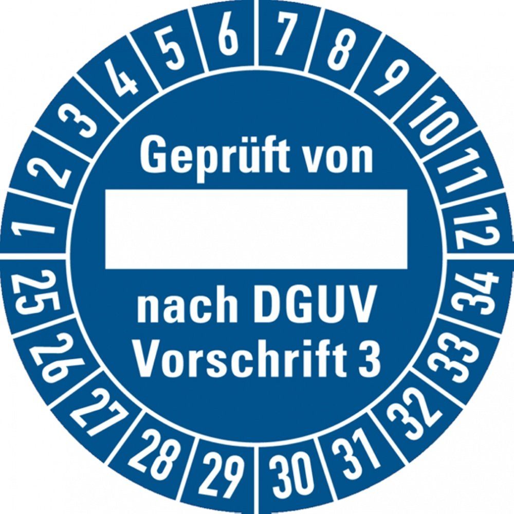 König Werbeanlagen Hinweisschild Prüfplak., gepr. von __nach DGUV Vorschr. 3, blau/weiß, Ø30mm ...