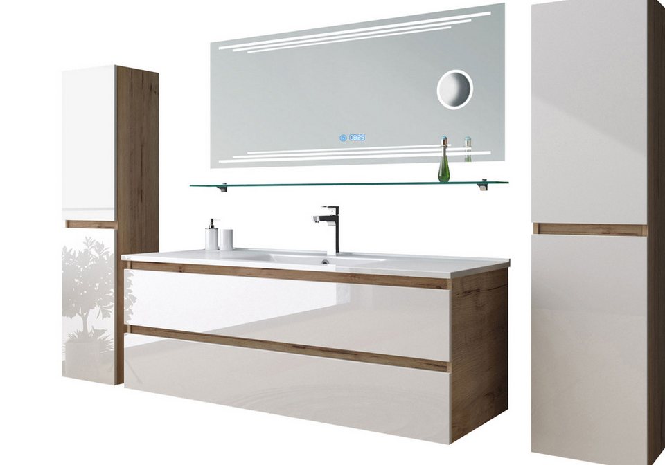 Homeline Badmöbel Set Leonard Badmöbel Set Eicheweiß Kosmetik Spiegel