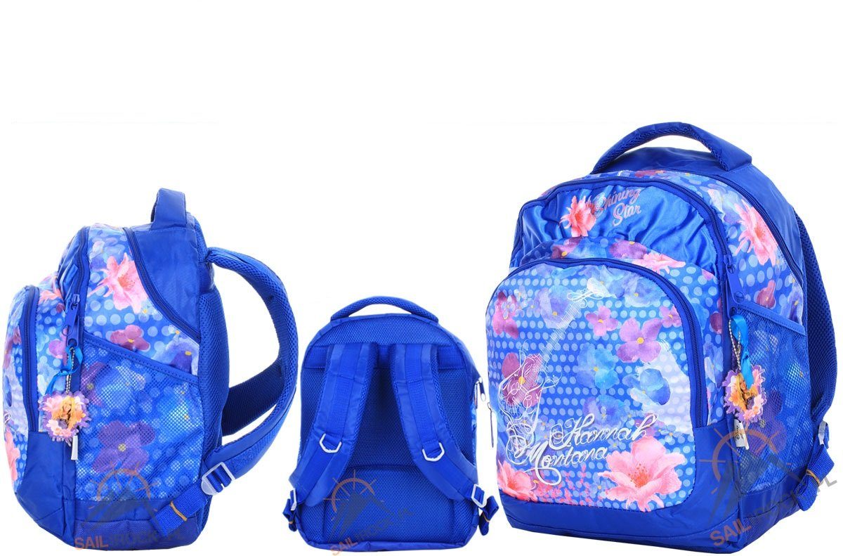 Schulrucksack blau mit Blumen