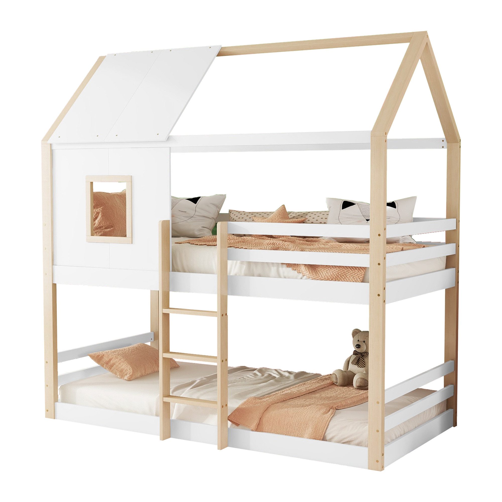 Rutaqian Etagenbett Hausbett Kinderbett Mit Leiter Und Fensterleiste