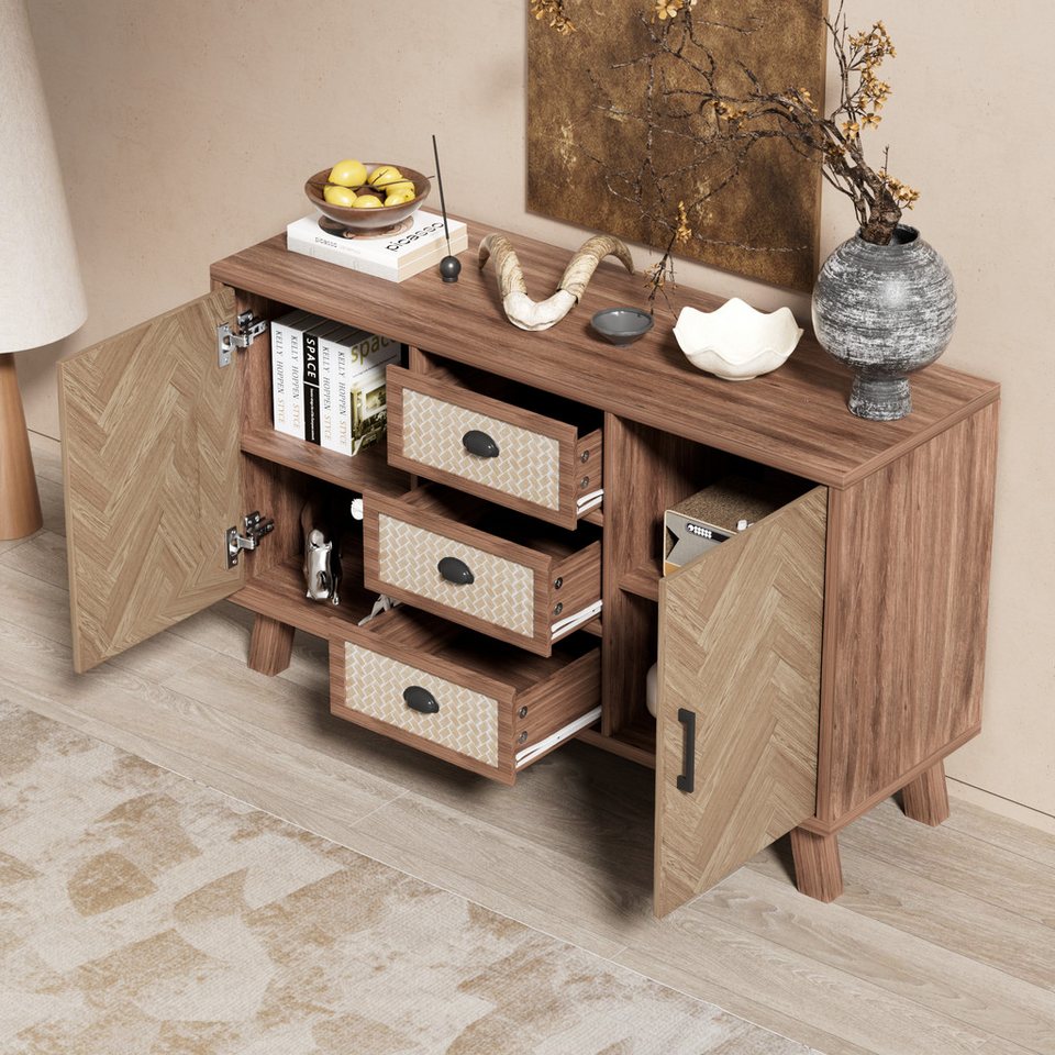 Okwish Sideboard Kommode 3 Schubladen 2 Türen Mit Fischgrätenmuster