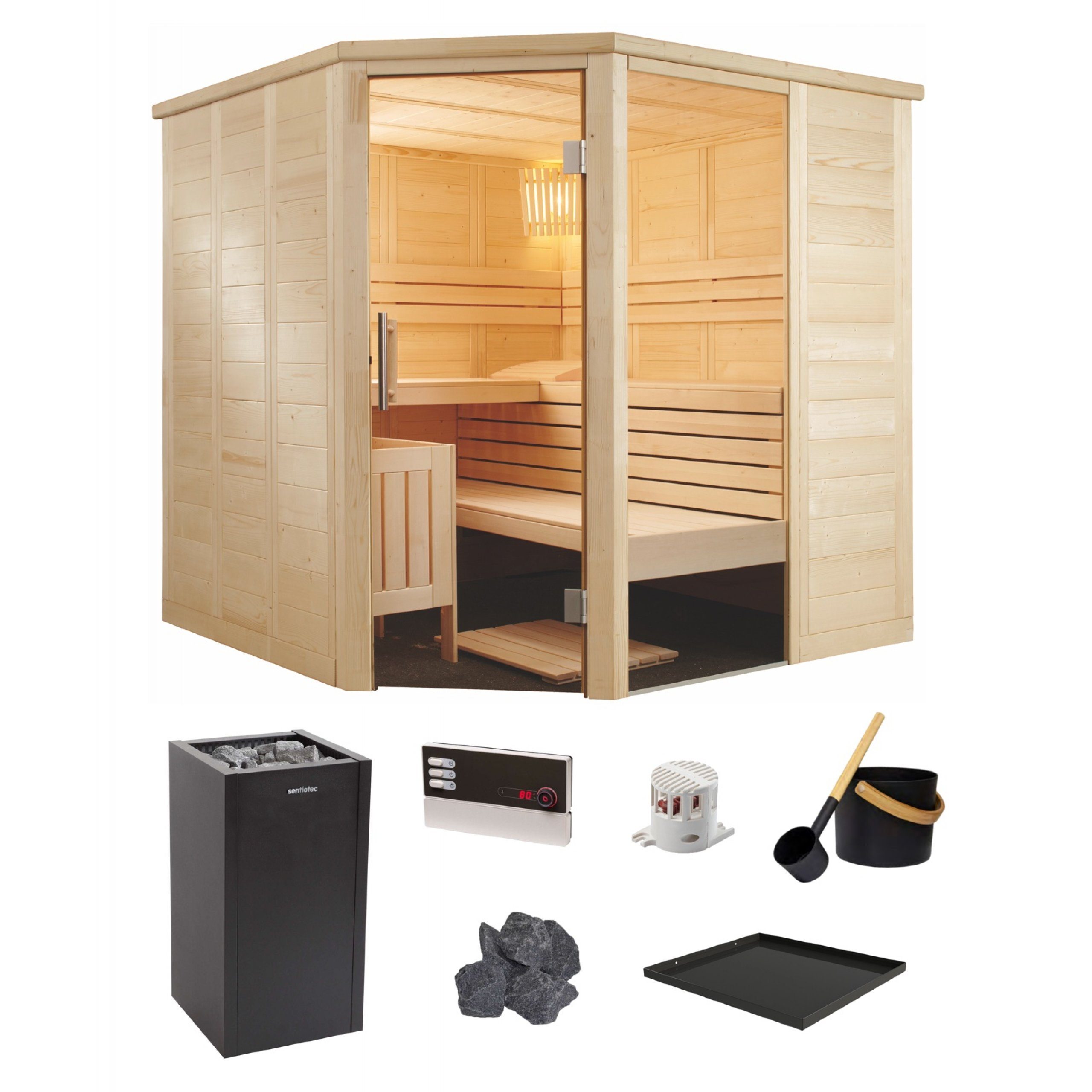 Sentiotec Sauna Sentiotec Alaska Corner Saunakabine Komplett Set mit Saunaofen