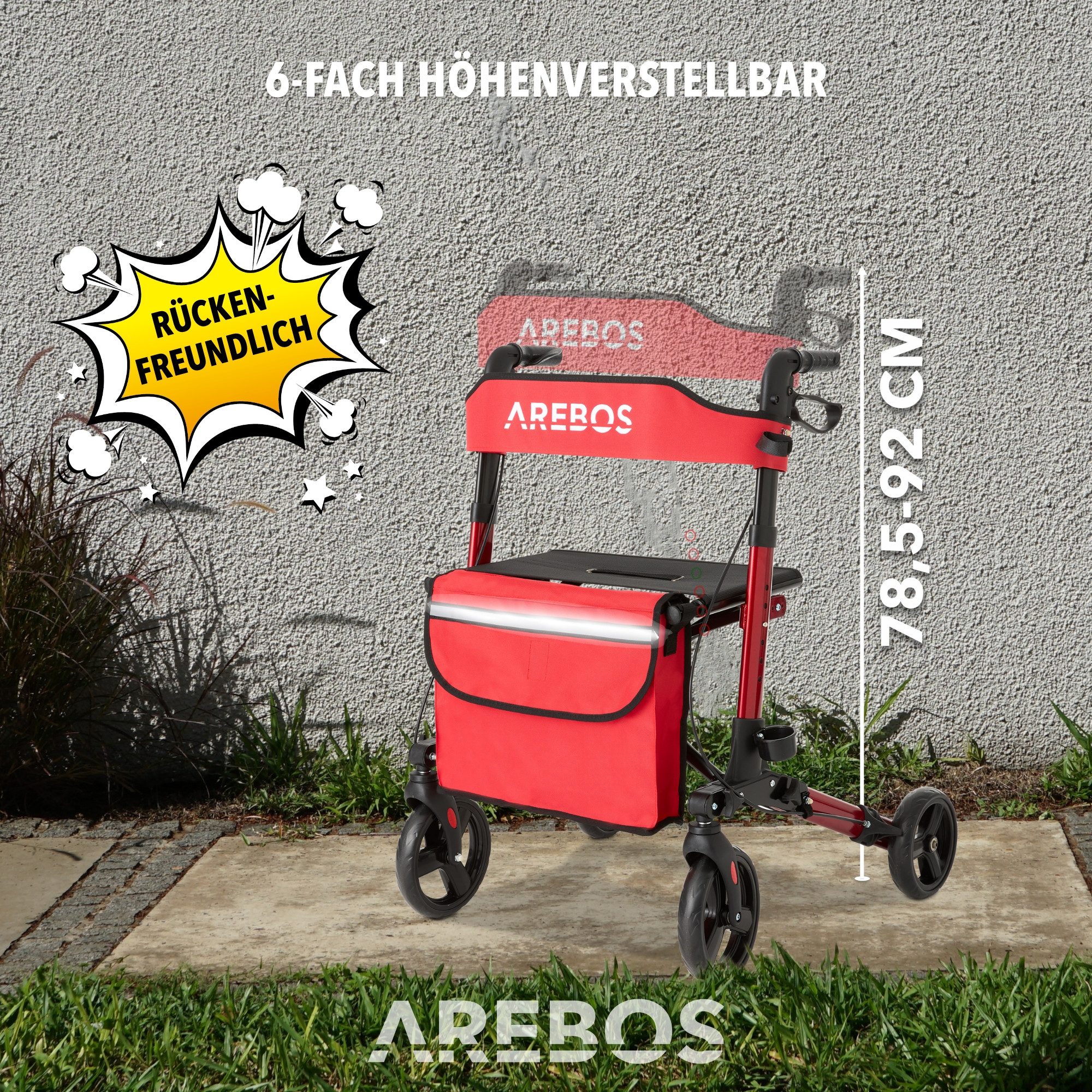 Arebos Rollator Aluminium faltbar 6-fach höhenverstellbar mit Tasche ...