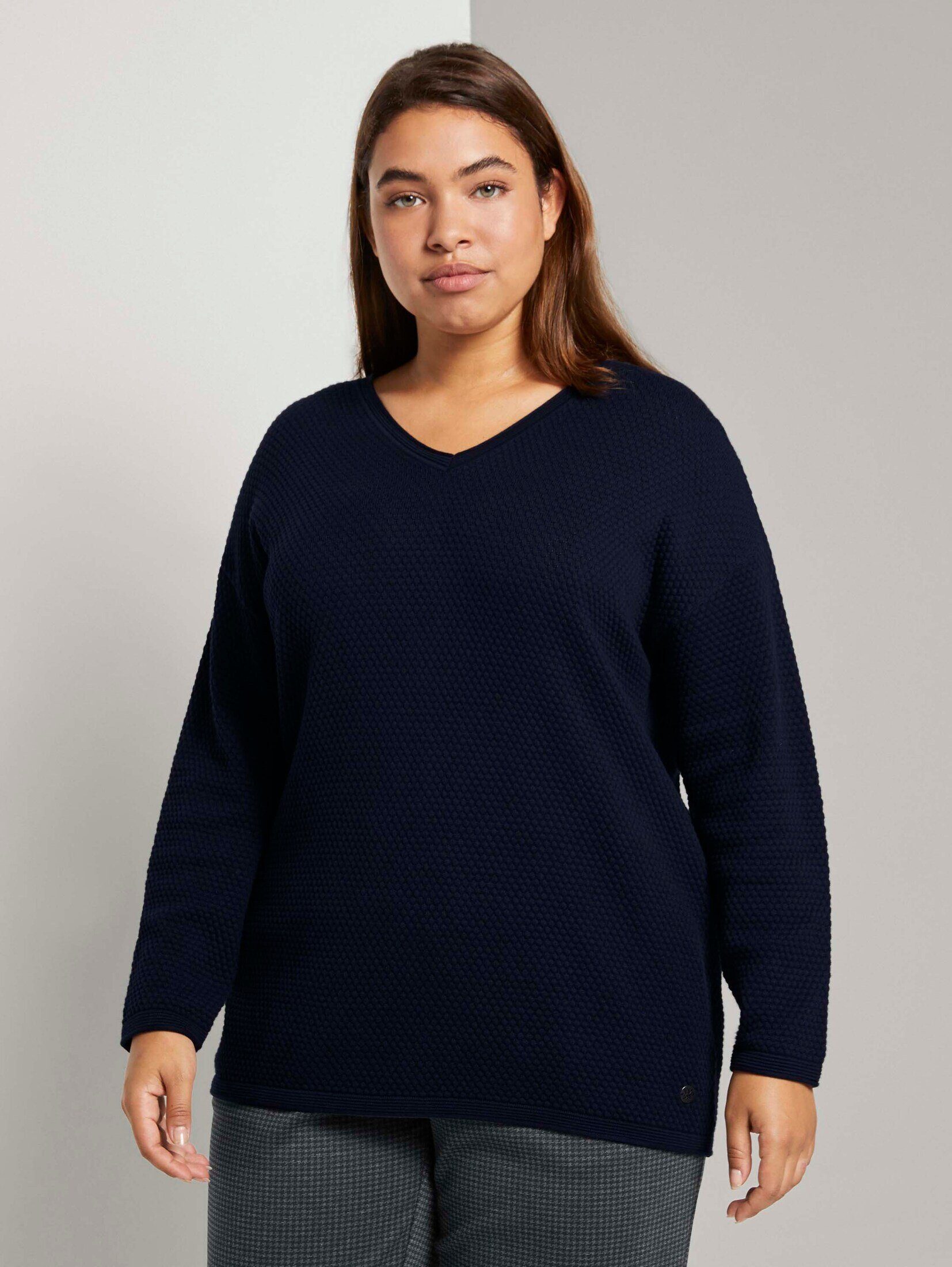 Tom Tailor Plus Strickpullover Plus Strukturierter Pullover Mit V