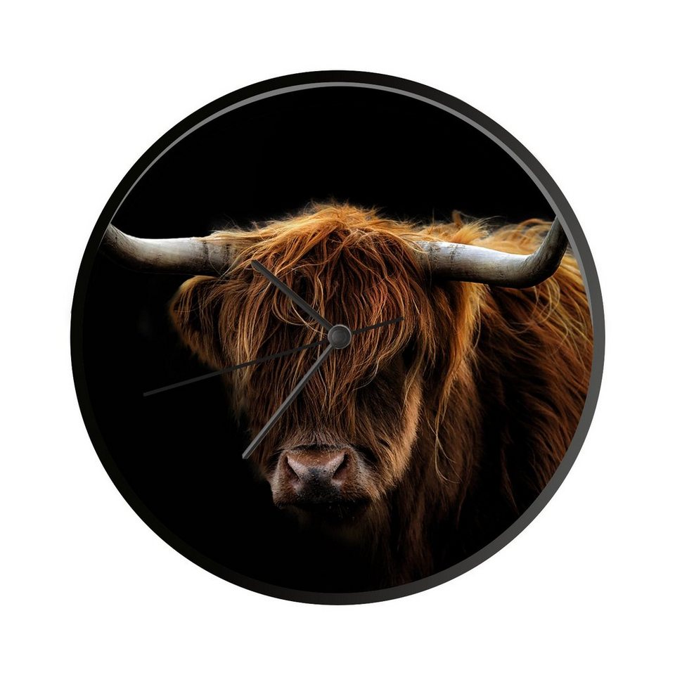 Muchowow Wanduhr Schottischer Highlander Hörner Schwarz Tiere