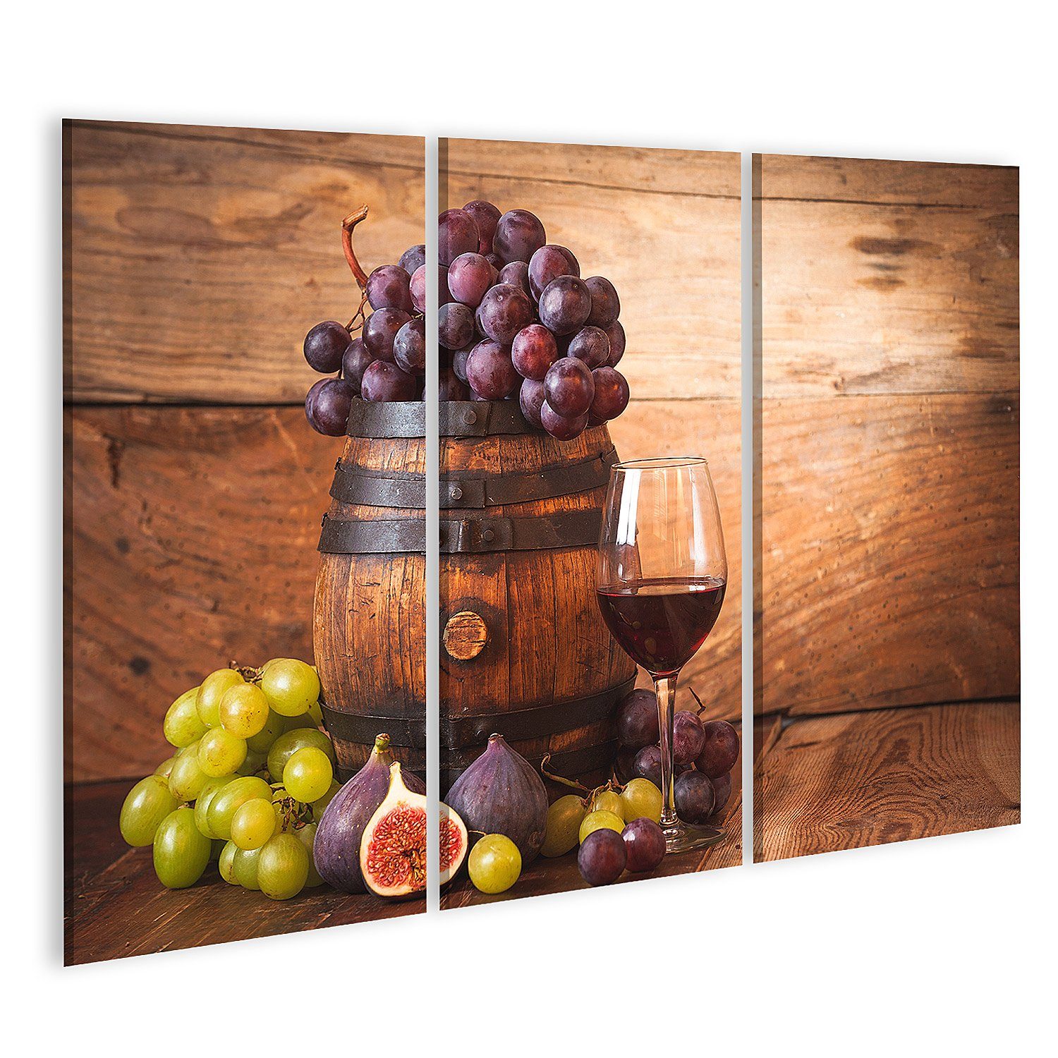 islandburner Leinwandbild Bild auf Leinwand Bild Mit Rotwein Traube Und Faß Auf Rustikalem Holz