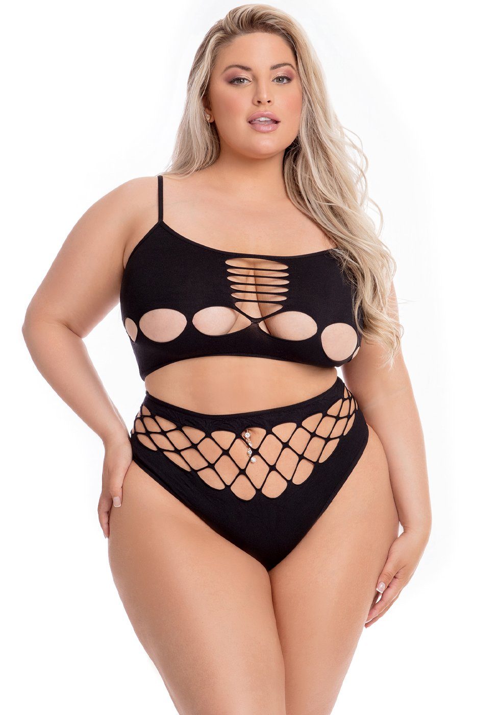 Pink Lipstick Lingerie Set: Bügelloser BH Plus Size Set: BH und Slip Übergröße Plus Size - schwarz