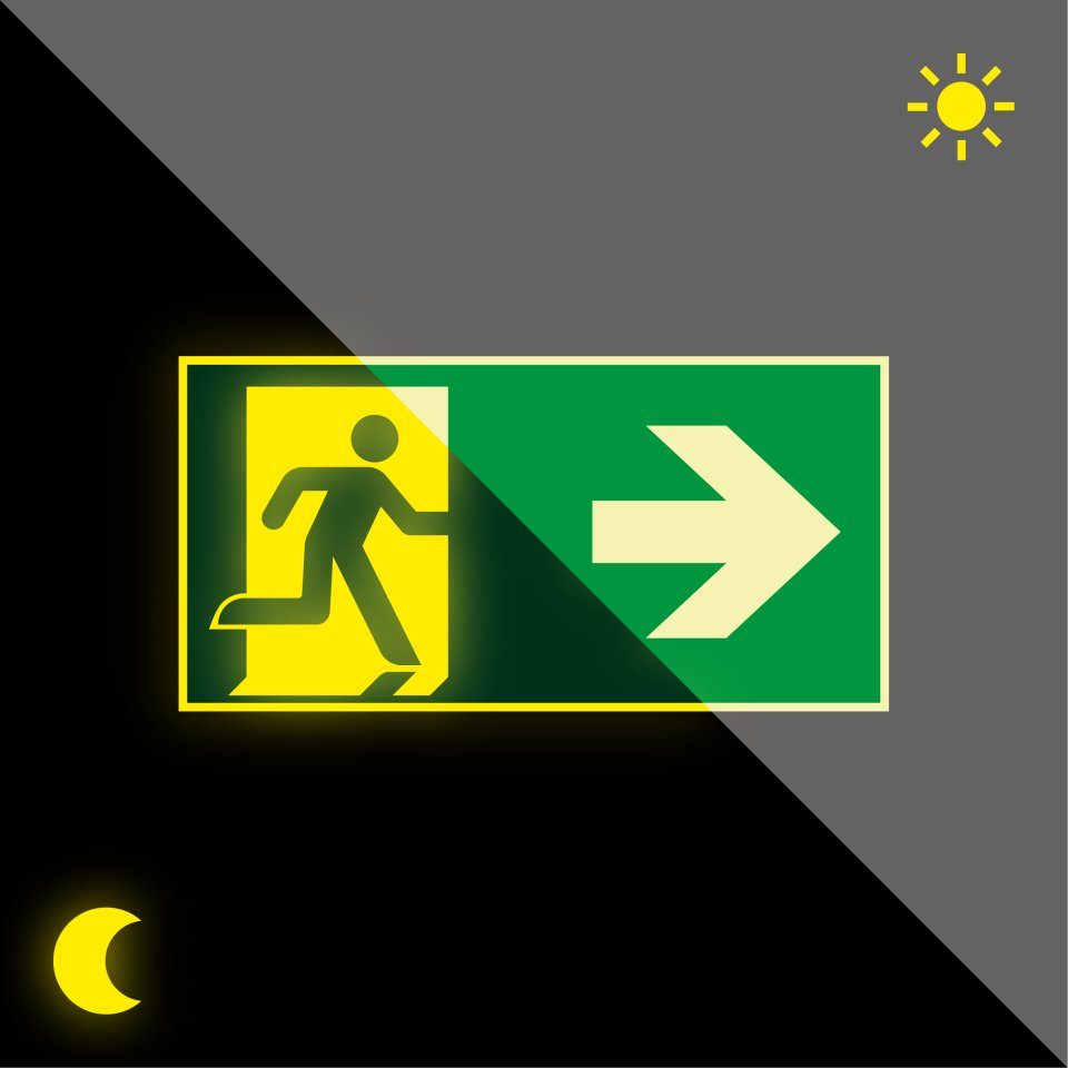 König Werbeanlagen Hinweisschild PERMALIGHT® power Rettungsweg rechts, ASR/ISO, Folie, 400x200mm