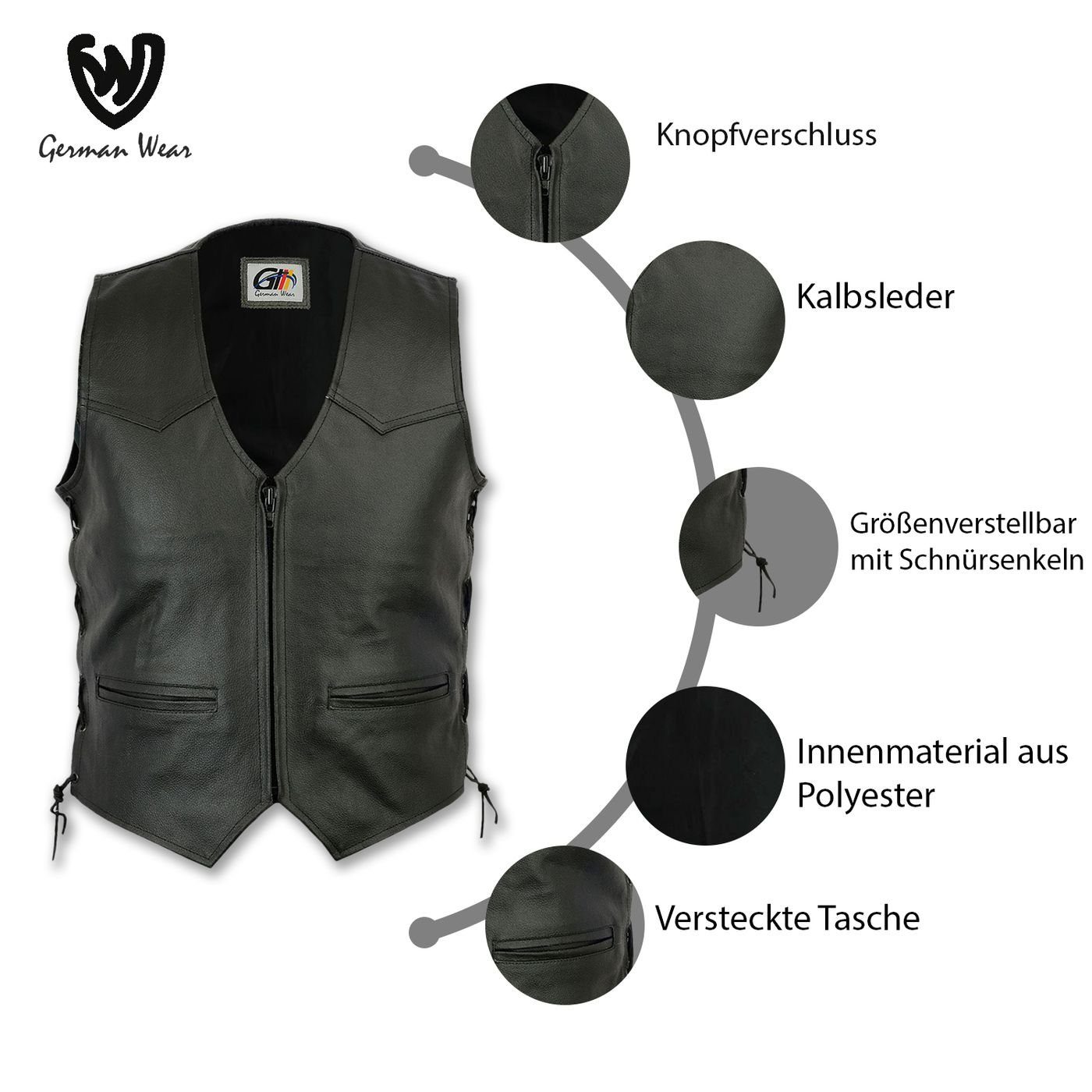 ᐅ German Wear Motorradweste GW680 Black Zipper Motorrad Lederweste ...