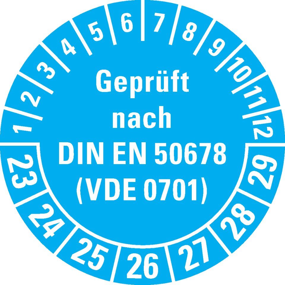 König Werbeanlagen Hinweisschild Prüfpl.Gepr.n.DIN EN 50678(VDE 0701) 23-29,blau,Folie,Ø 30mm,18 ...