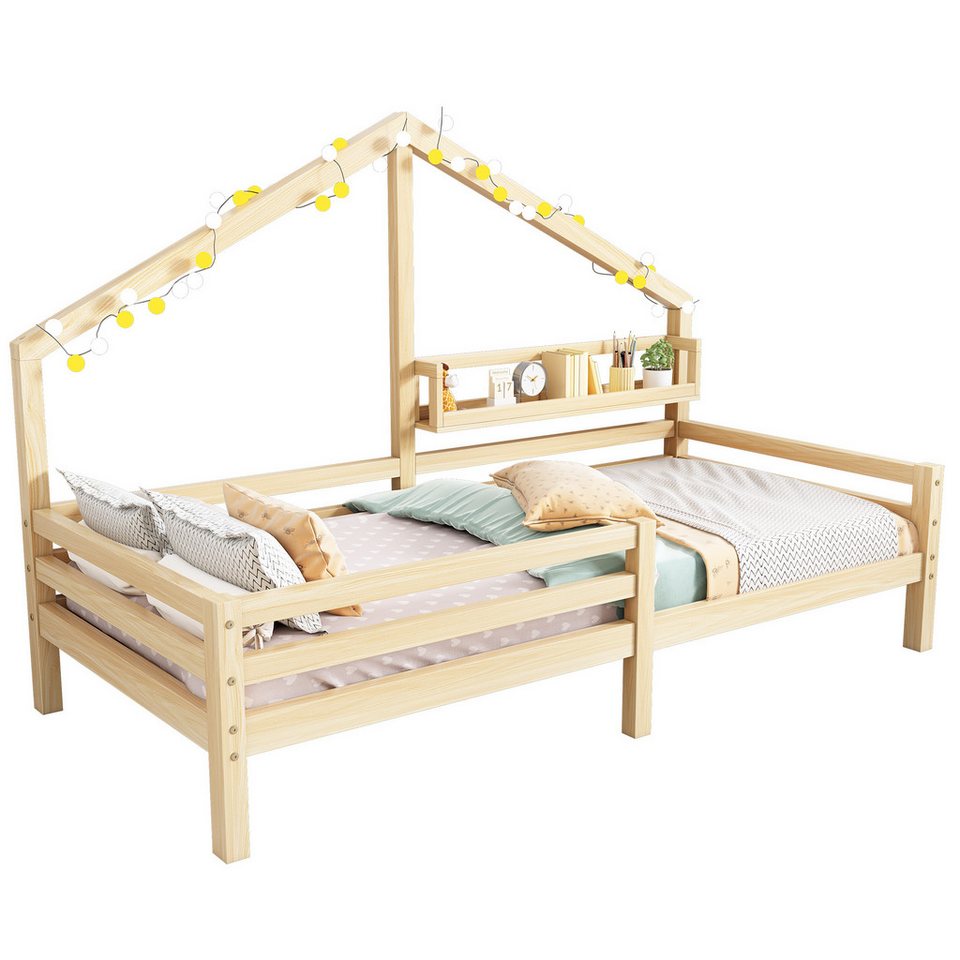 Rutaqian Hausbett Kinderbett 90x200cm Kiefernholzbett Einzelbett Mit