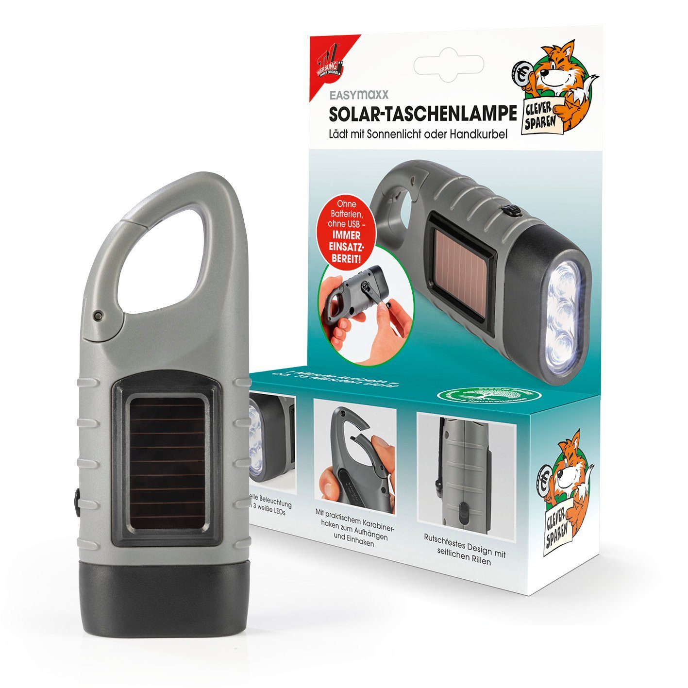 EASYmaxx Taschenlampe Solar-Taschenlampe mit Dynamo Kurbel, inkl. Dynamo