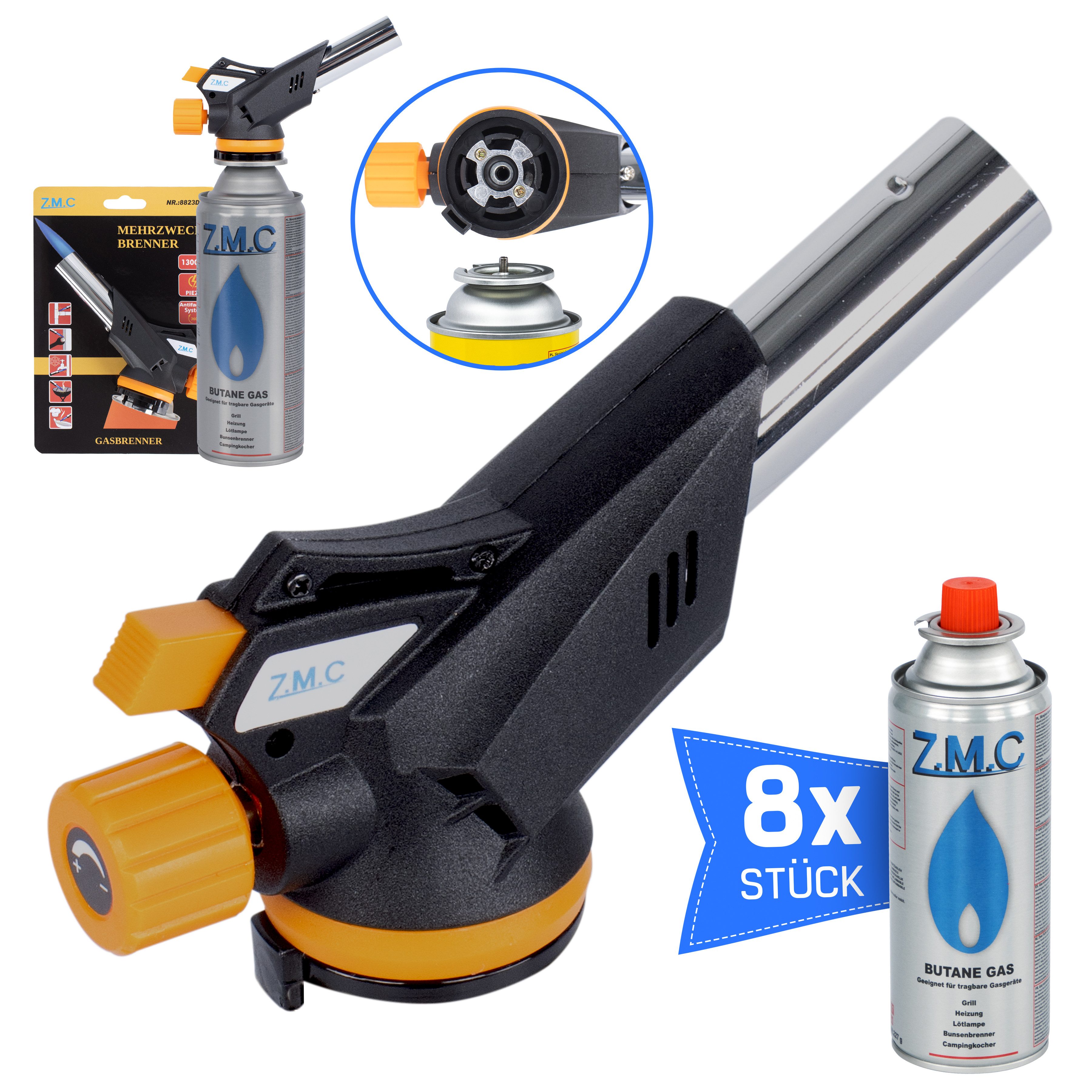 ZMC Flambierbrenner Bunsenbrenner Grillanzünder Lötlampe mit 8x Gaskartuschen 227g MSF-1a ...