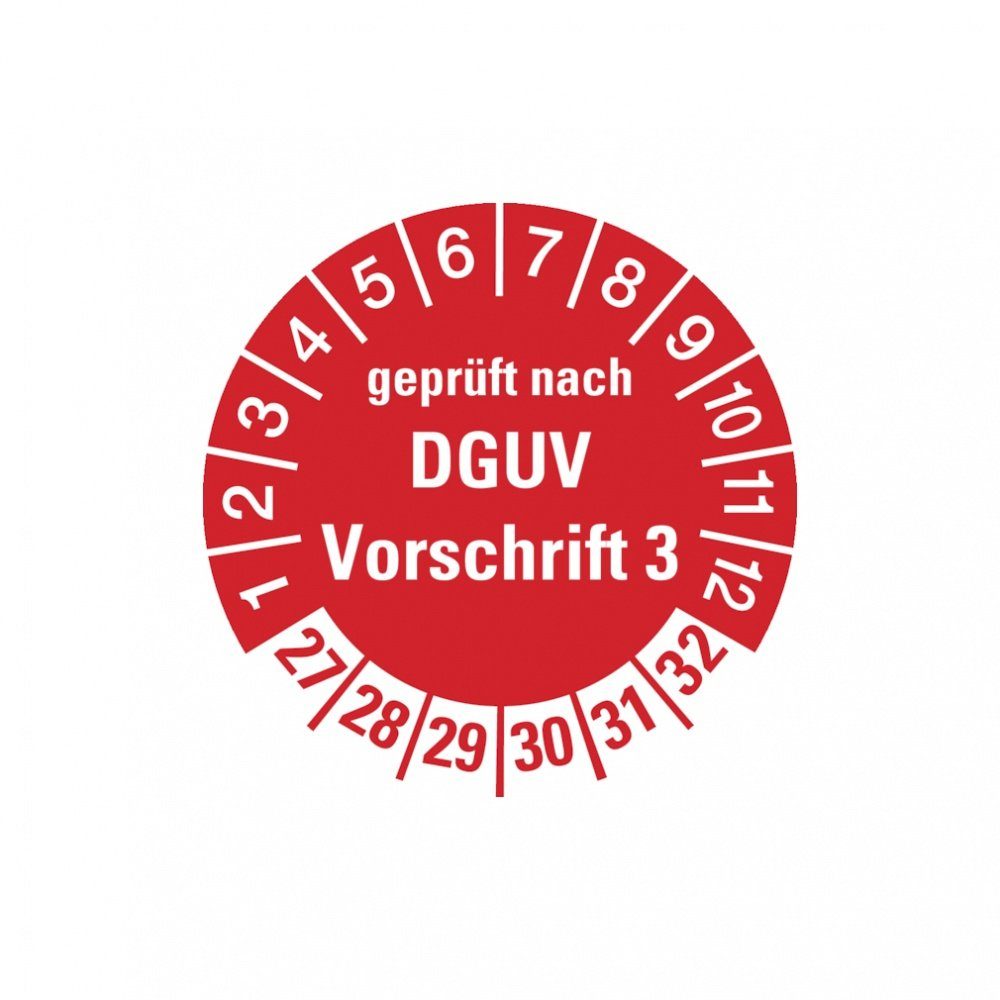 König Werbeanlagen Hinweisschild Prüfplakette, geprüft nach DGUV Vorschr. 3, rot/weiß, Ø30mm, 10 ...