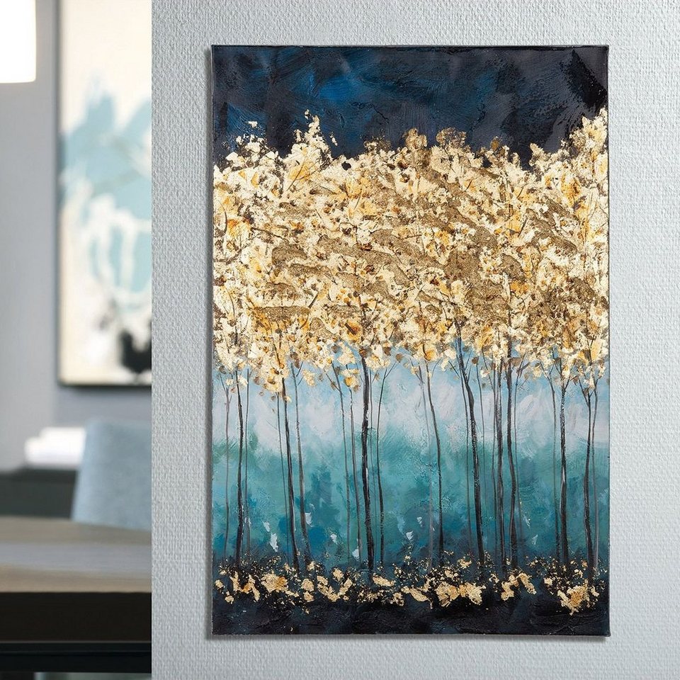 Gilde Dekoobjekt Bild Gemälde Goldener Wald Blaugoldfarben