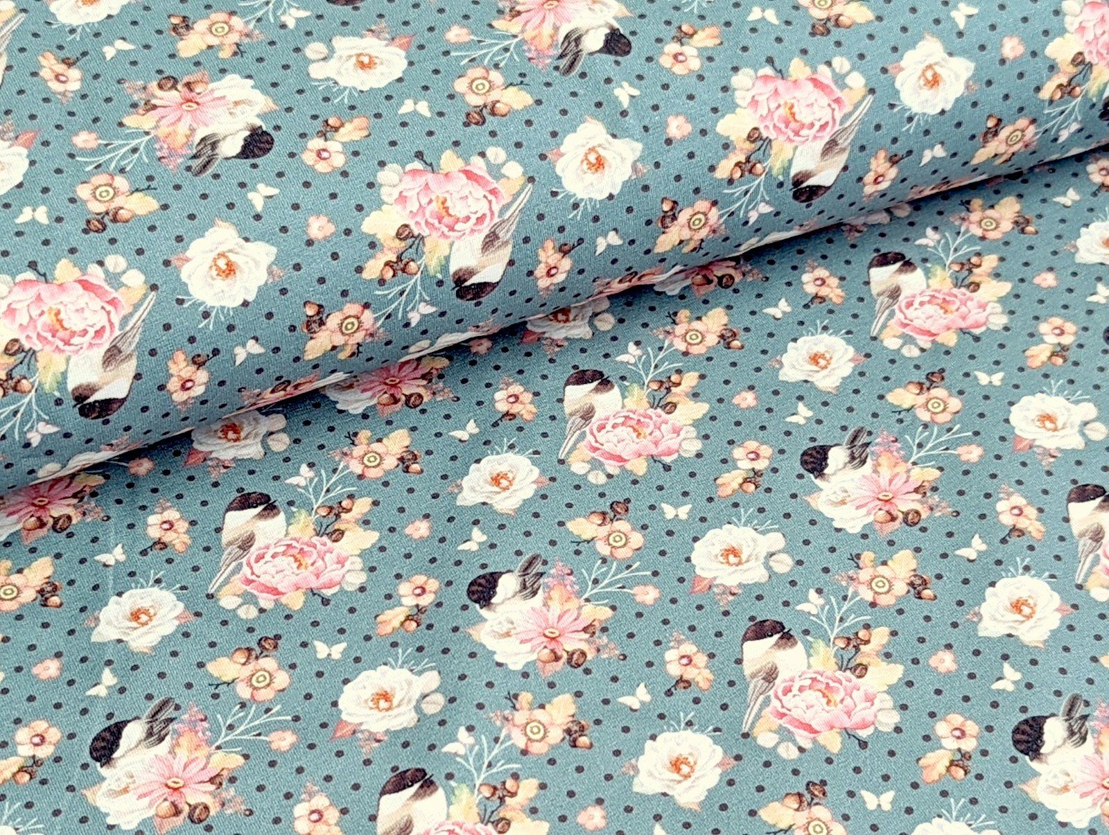 Corileo Stoff Baumwolljersey Vogel im Blumenzweig auf Punkte Jeansblau Stoff Kleiderstoff