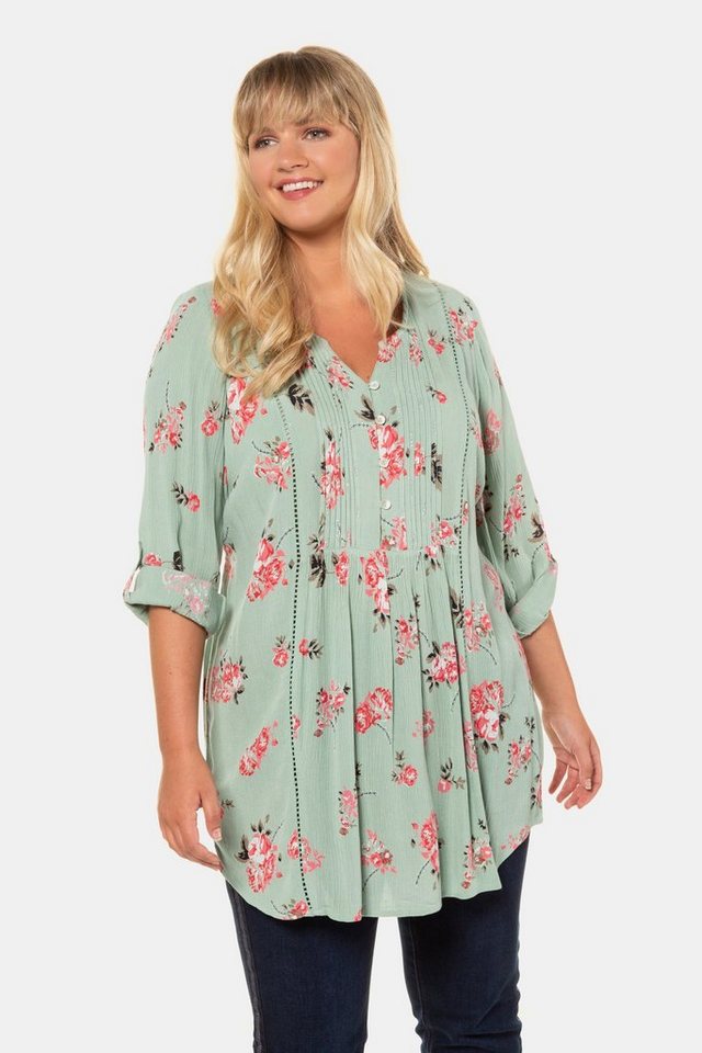 Ulla Popken Longbluse Tunika Geblümter Krepp Biesen Langarm