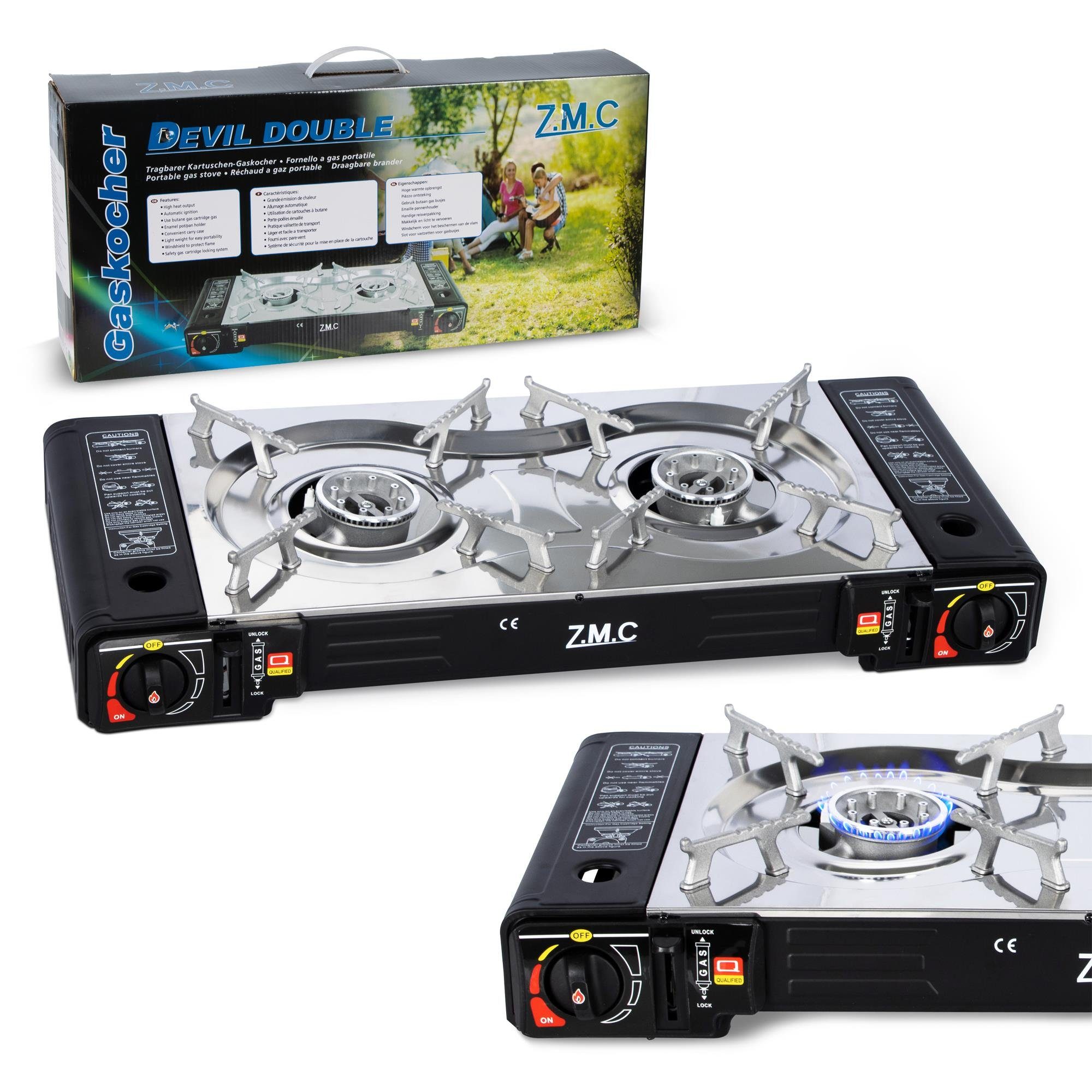 ZMC Gaskocher Butan Gaskocher Outdoor Campingkocher 2-flammig + Gaskartuschen 227g, (Doppel ...