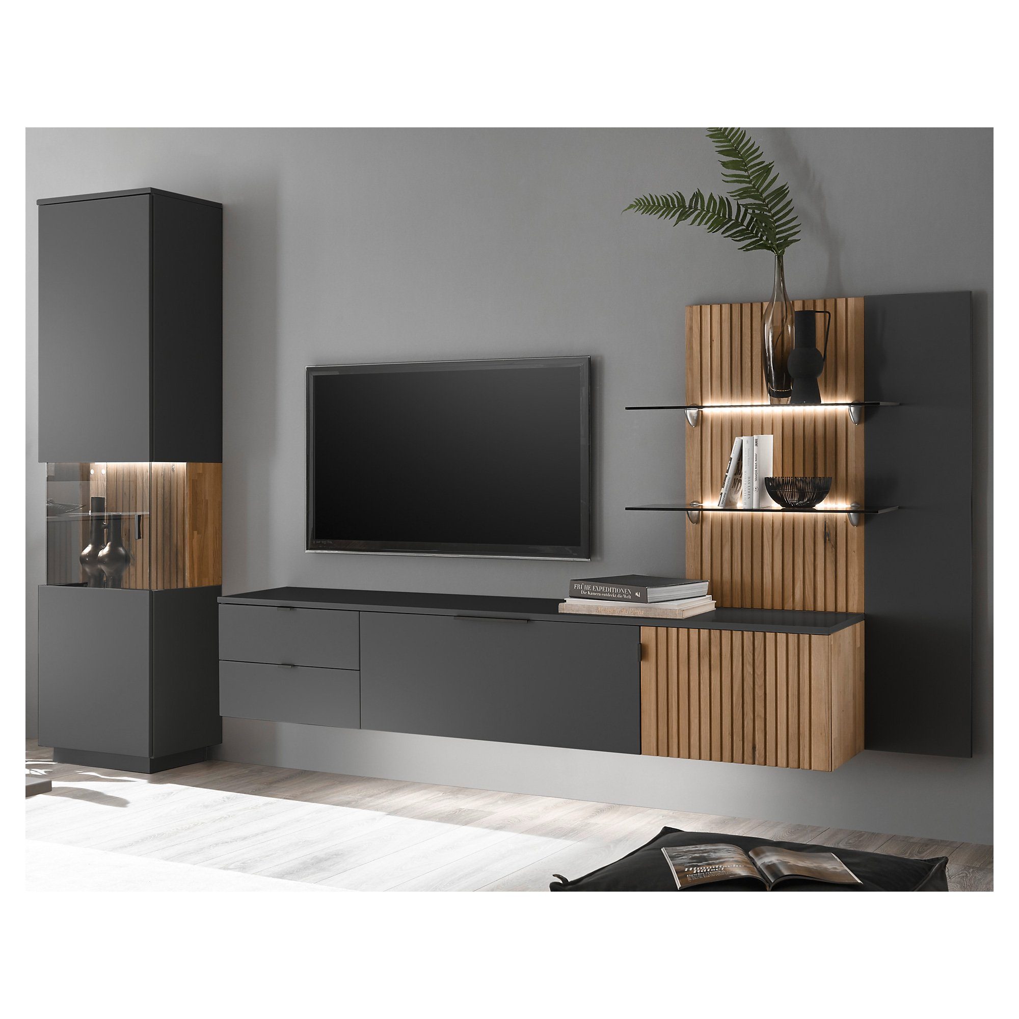 Expendio Wohnwand Linda 22 Spar Set 3 St Anthrazit Lackiert Eiche