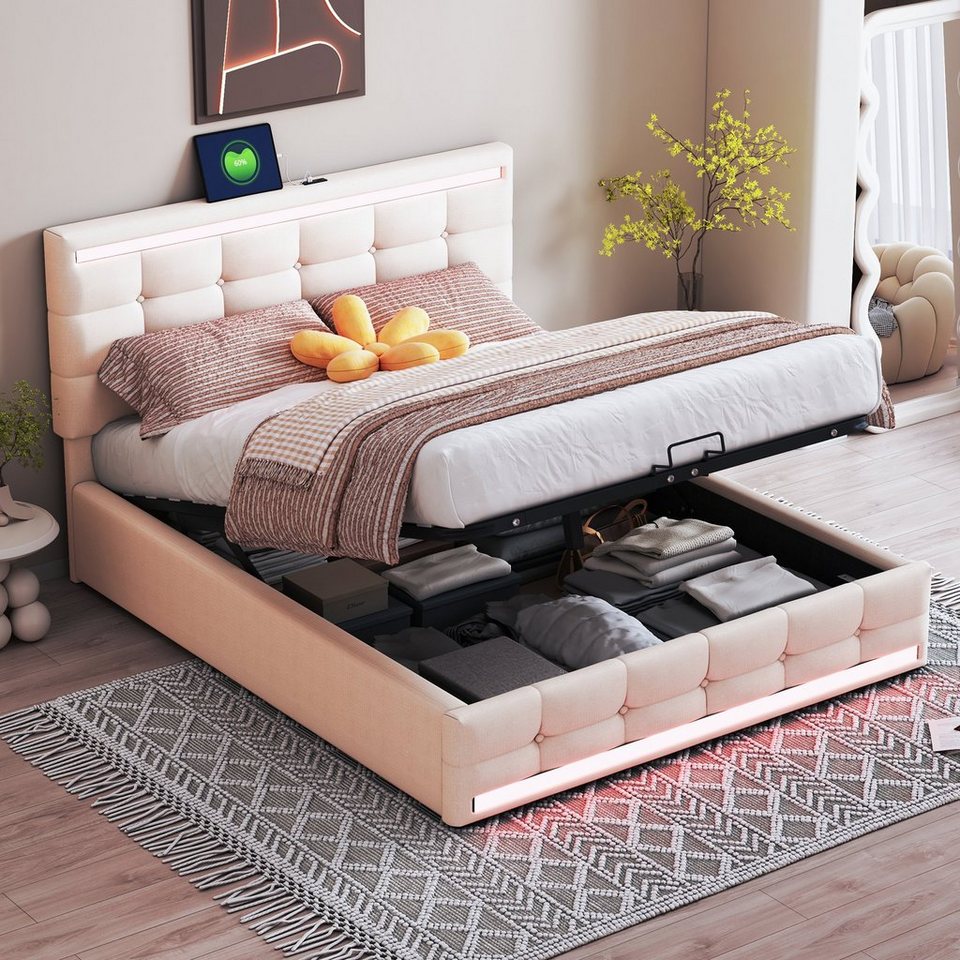 Merax Polsterbett 140x200 Cm Mit Led Und Leinenbezug Doppelbett Mit