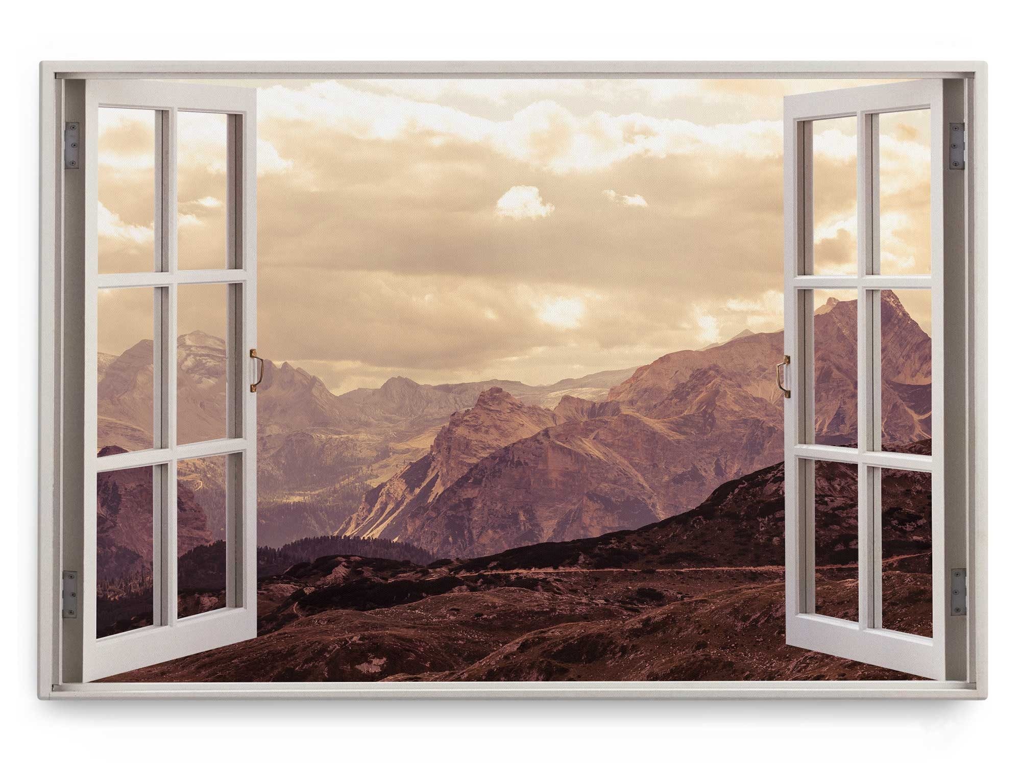 Sinus Art Leinwandbild Wandbild 120x80cm Fensterbild Berge Bergkette Natur Gebirge Wolken, (1 St)