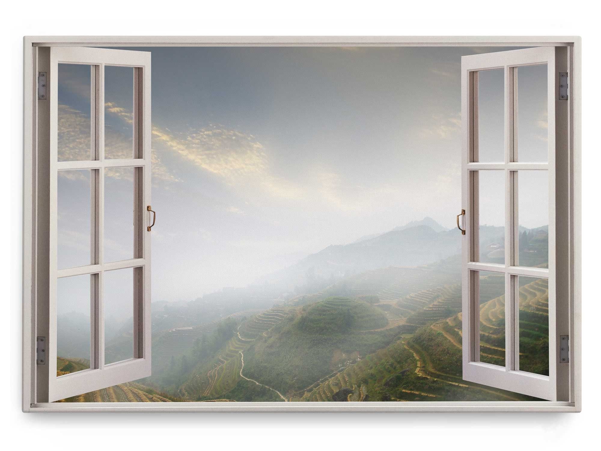 Sinus Art Leinwandbild Wandbild 120x80cm Fensterbild Teeplantage Berge Grün Nebel Tal Natur, (1 St)