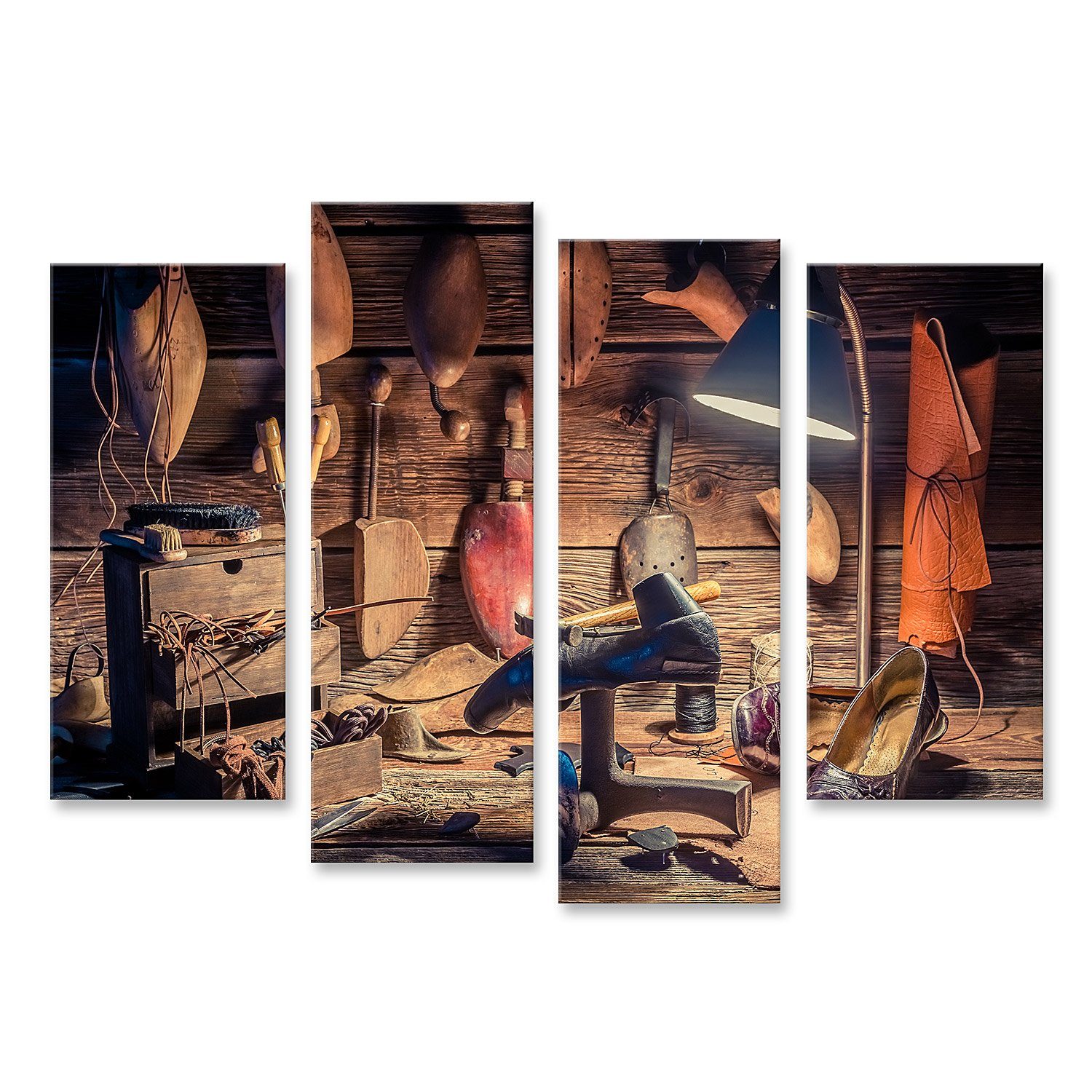 islandburner Leinwandbild Bild auf Leinwand Vintage Schuster Arbeitsplatz Mit Pinsel Und Schuhe
