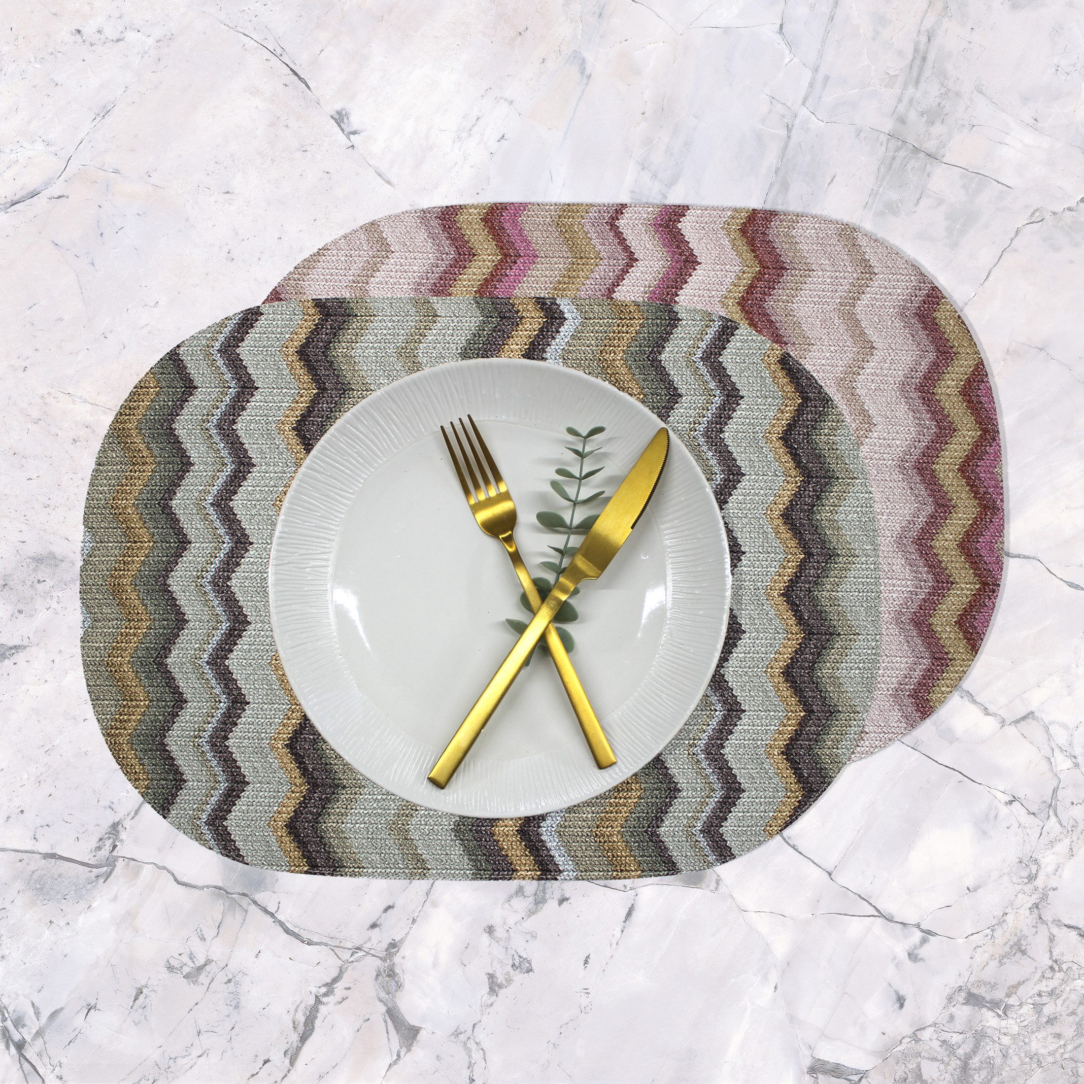 Platzset Tischset 6 Er Set Oval Zickzack Muster Bunt Zweifarbig