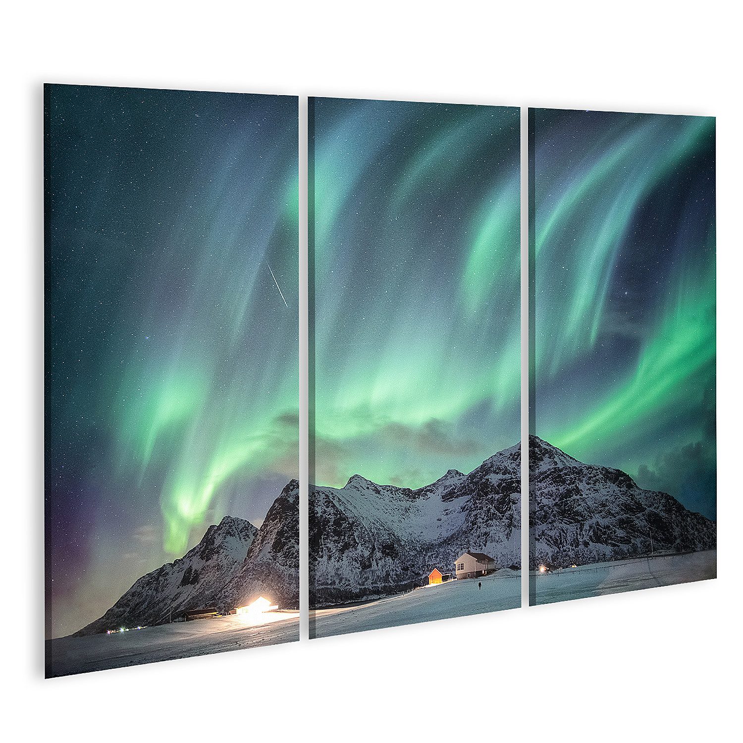 islandburner Leinwandbild Aurora Borealis Sternenklar Über Schnee Gebirge Beleuchtung Bilder