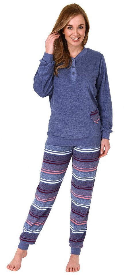 Normann Pyjama Damen Frottee Pyjama Lang Mit Bündchen Hose Gestreift