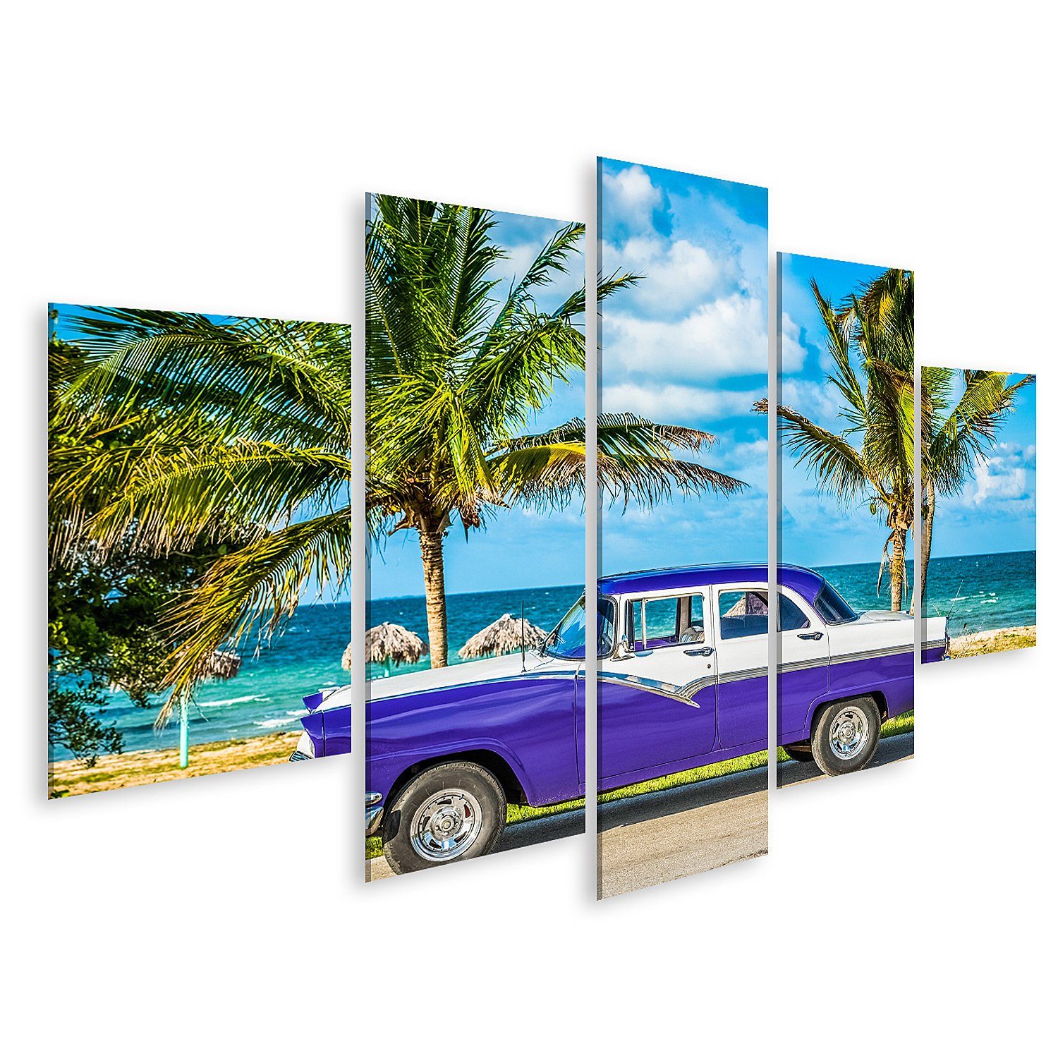 islandburner Leinwandbild Bild auf Leinwand Hdr Geparkter Amerikanischer Weißer Blauer Oldtimer