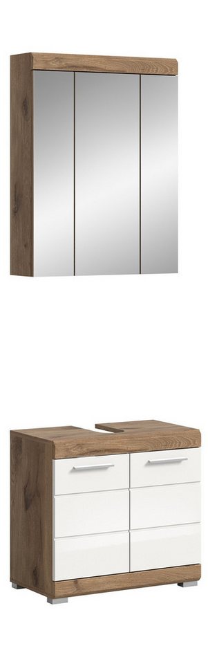 Xonoxhome Badmöbel Set Badezimmer Set Wave Weiß Hochglanz Nox Oak