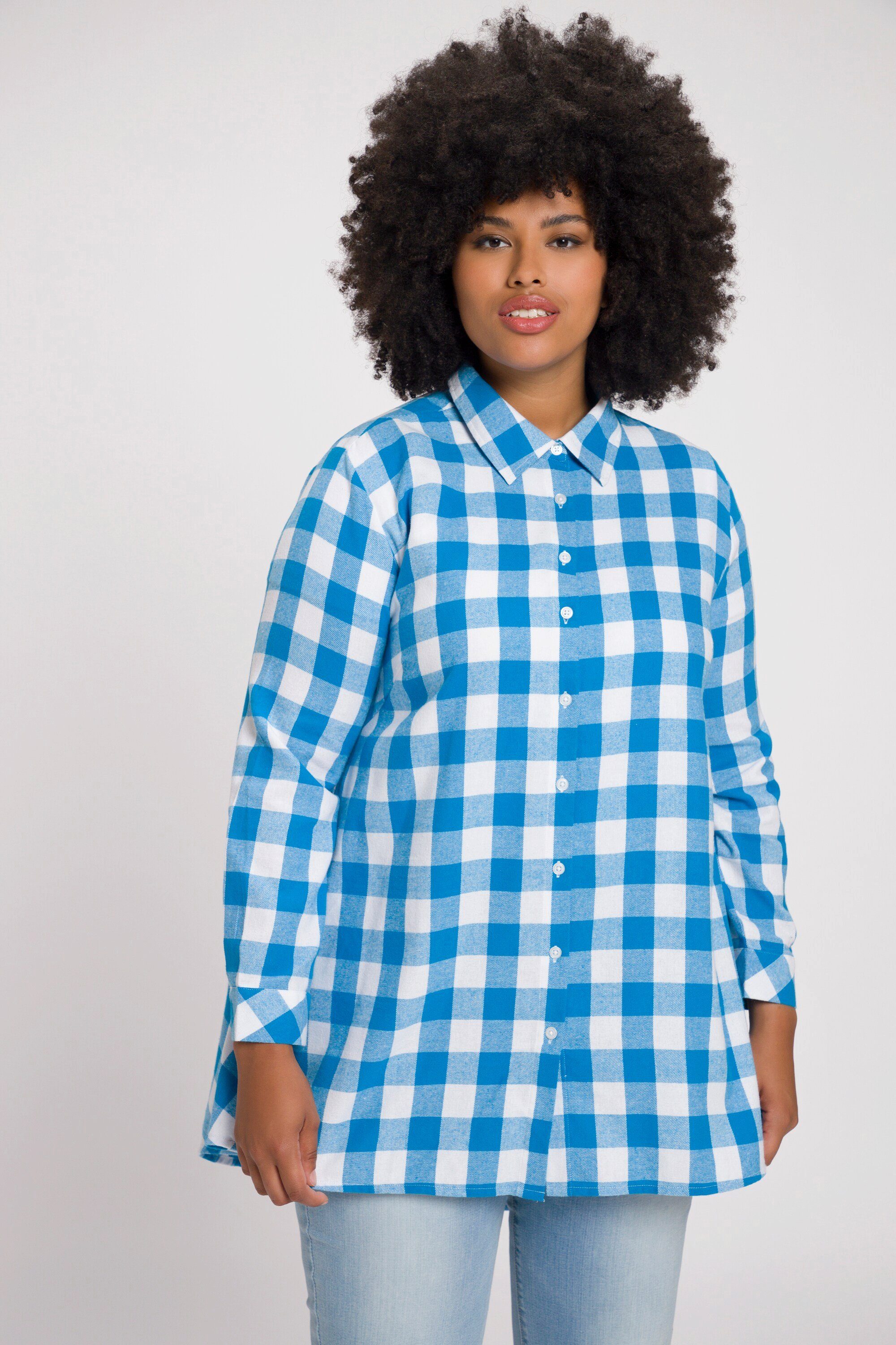Ulla Popken Hemdbluse Bluse Karomuster A Linie Hemdkragen Langarm