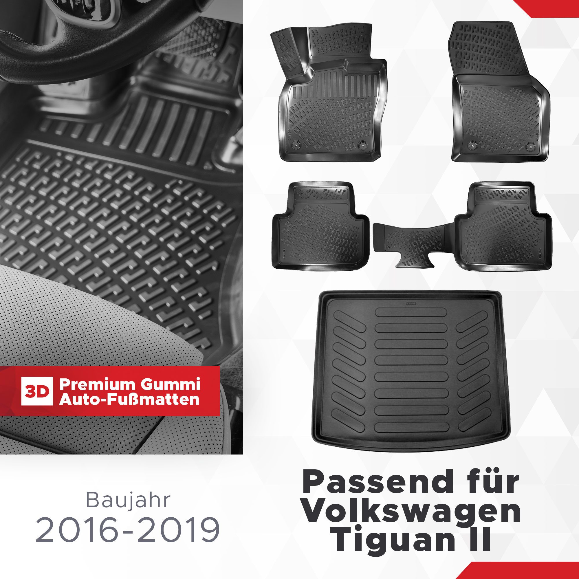 fussmattenprofi.com Auto-Fußmatte 3D Auto Gummimatten & Kofferraumwanne Set für VW Tiguan II ...