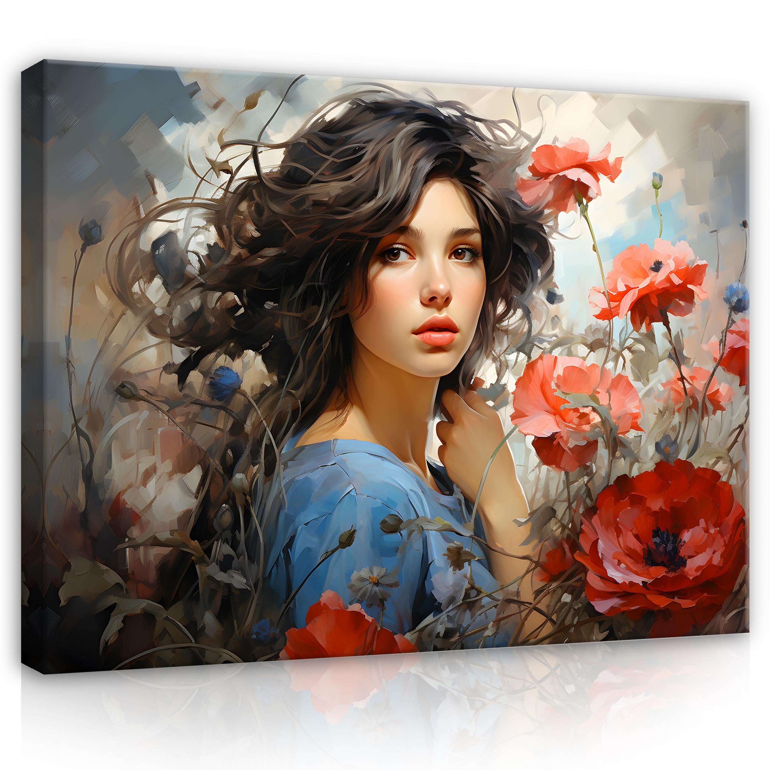 Wallarena Leinwandbild Frau Blumen Kunst Wandbild XXL Leinwandbilder Modern, Gemalt (Einteilig ...