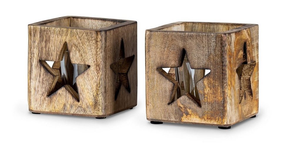 Levandeo® Teelichthalter 2er Set Windlicht Stern 9cm Mangoholz