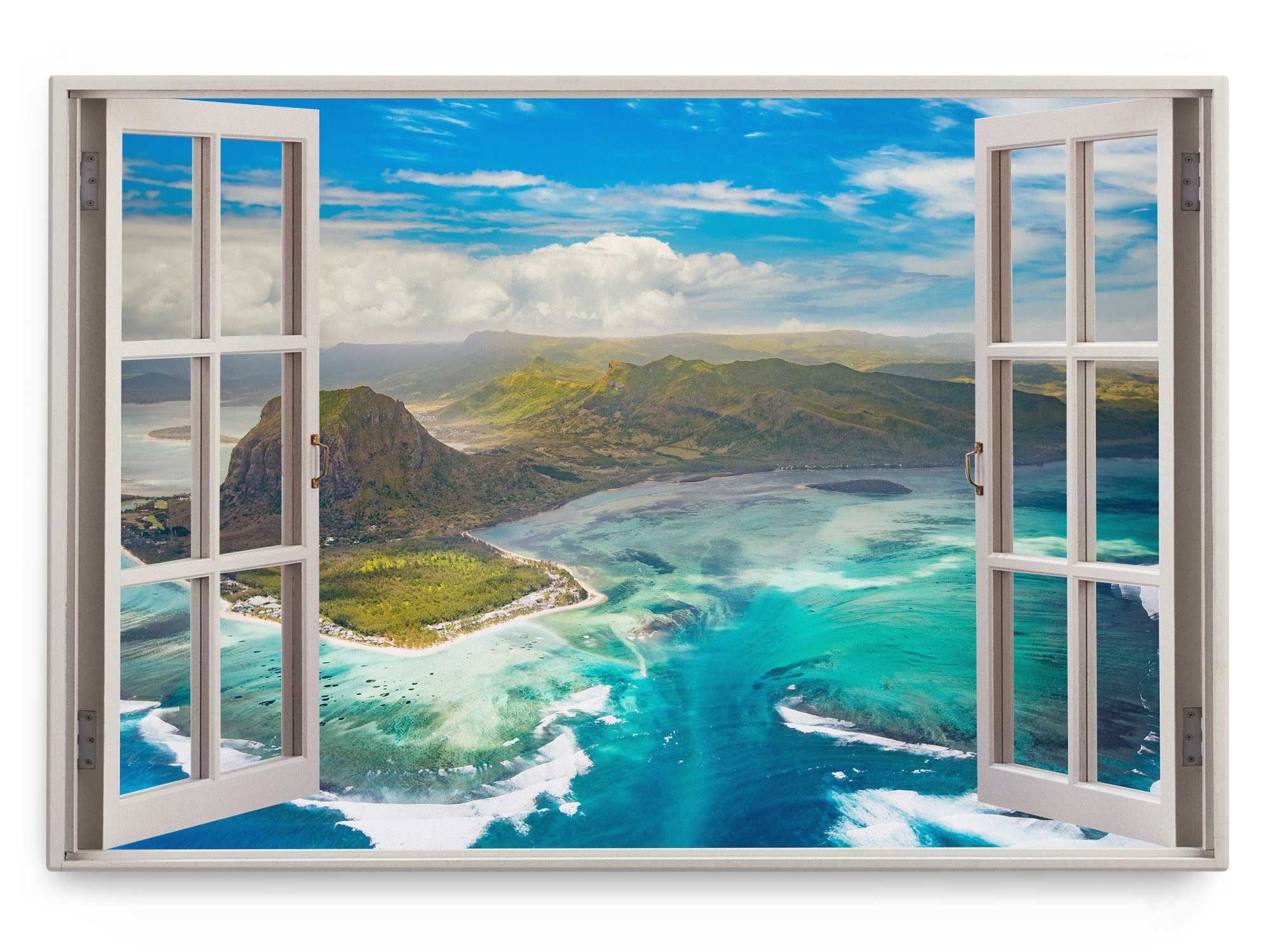 Sinus Art Leinwandbild Wandbild 120x80cm Fensterbild Mauritius Meer Küste Blau Berge Natur In ...