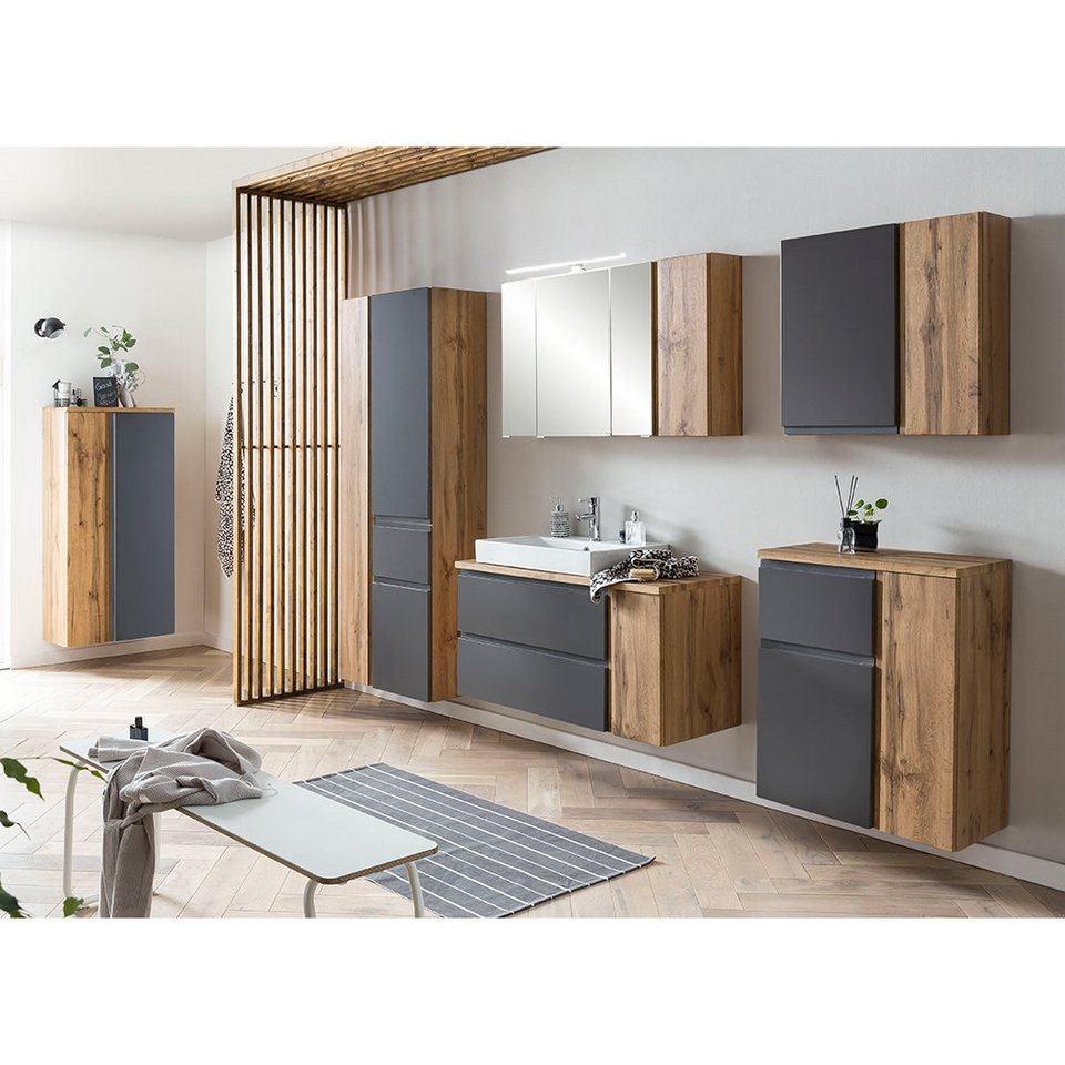 Lomadox Badmöbel Set Vasto 03 Grey 6 St Wotan Eiche Nb Mit Grau Matt