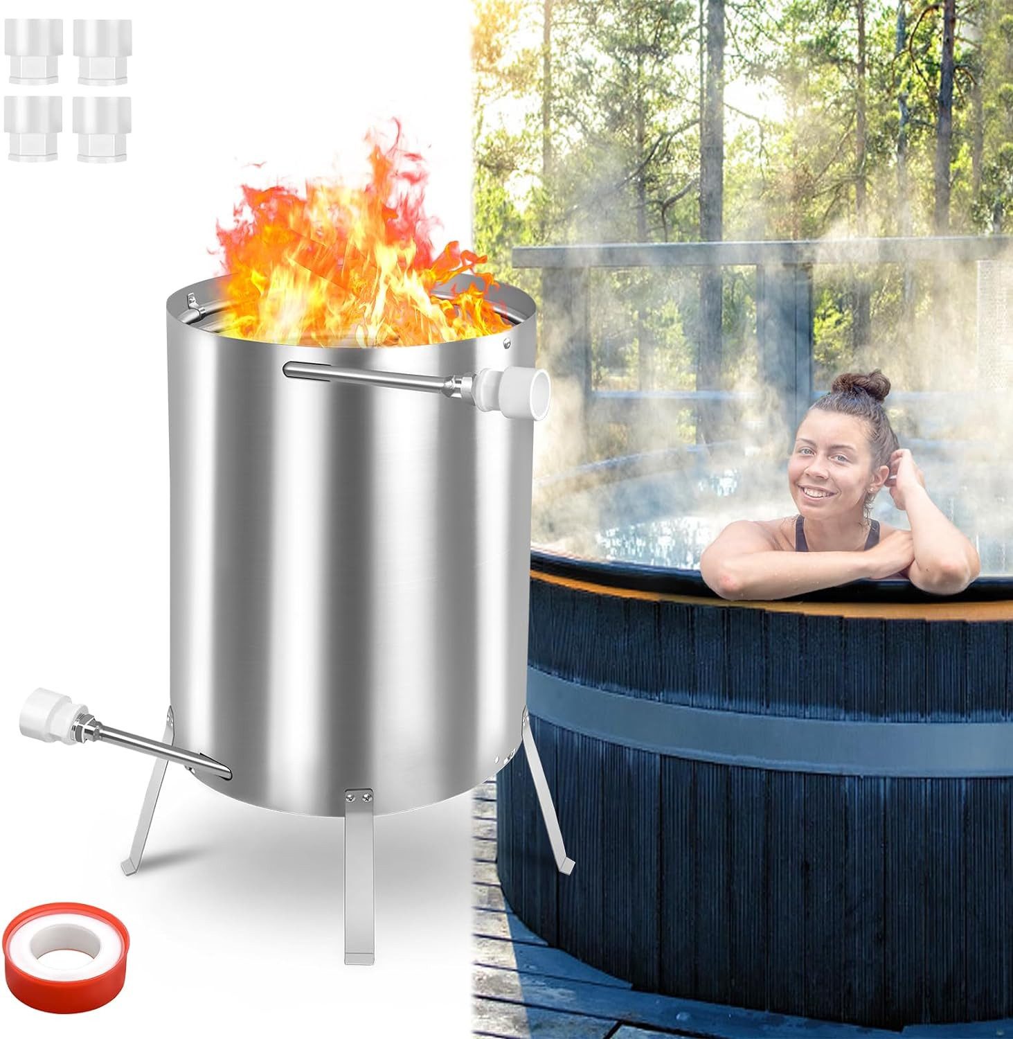 AUFUN Pool-Wärmepumpe Poolheizung Schwimmbadheizung Edelstahl mit Feuer Brennholz (32/38mm ...