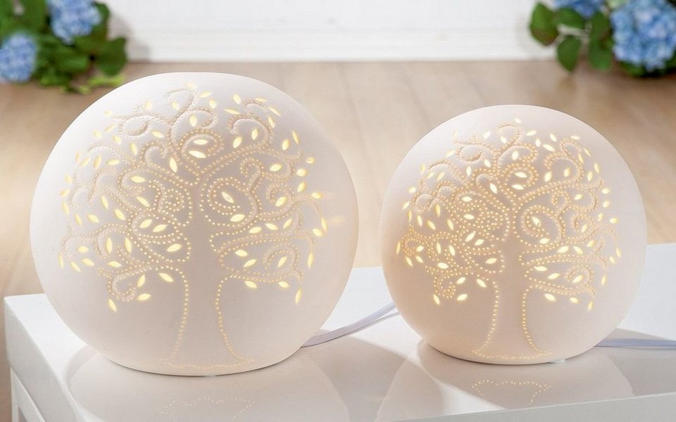 Gilde Dekoobjekt Porzellan Nachtisch Lampe Kugel Lebensbaum